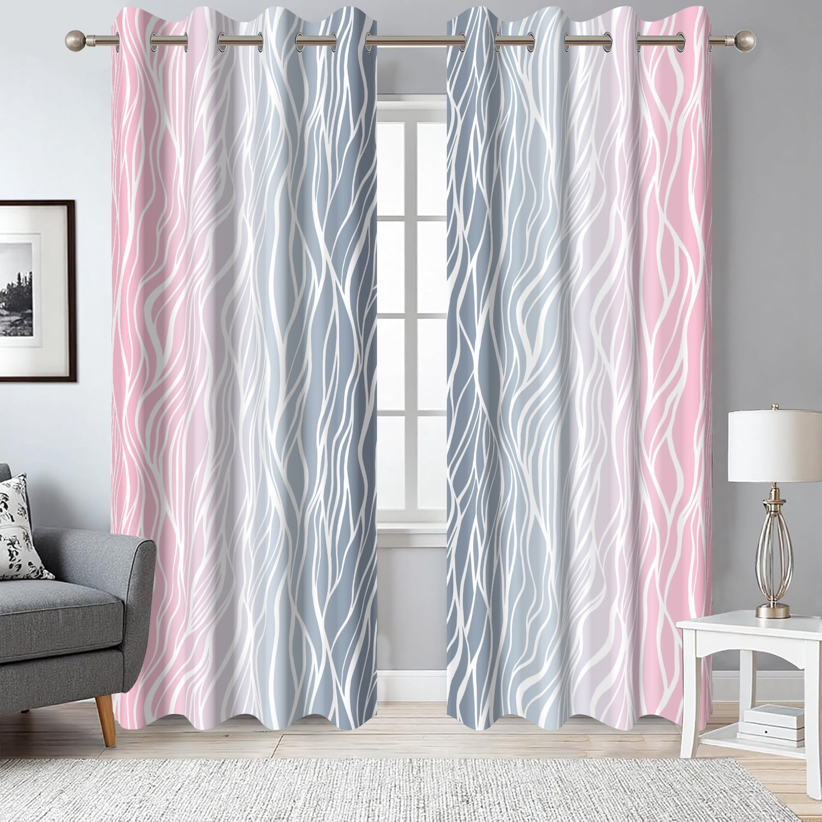 2 Panels Pink and Grey Blackout Curtain for Bedroom,Abstract Geometric ...