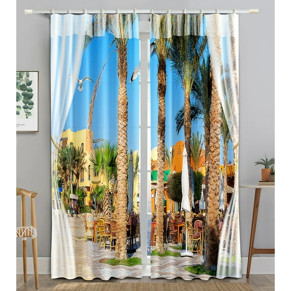 2 Panels Printed Curtains Balcony Architectural Landscape Semi-shading ...