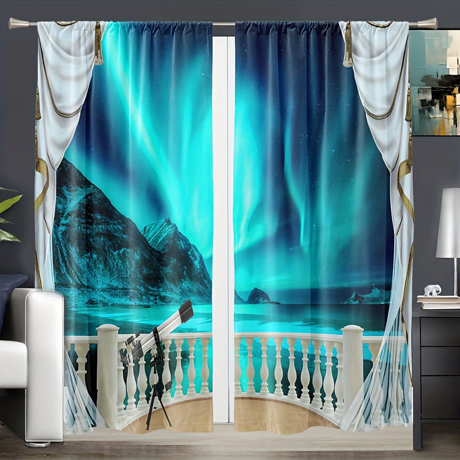 2 Panels Printed Curtains Balcony Architectural Landscape Semi-shading ...