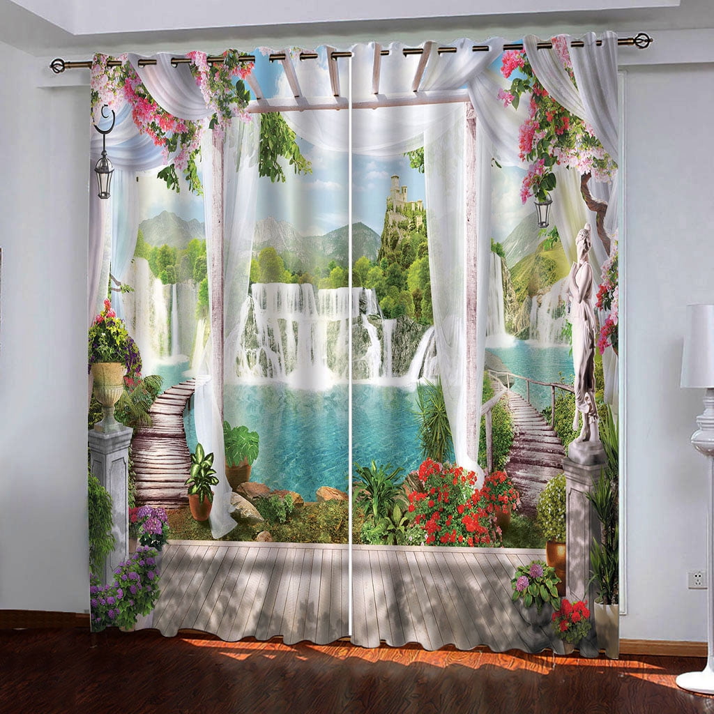 2 Panels Printed Curtains Balcony Architectural Landscape Semi-shading ...