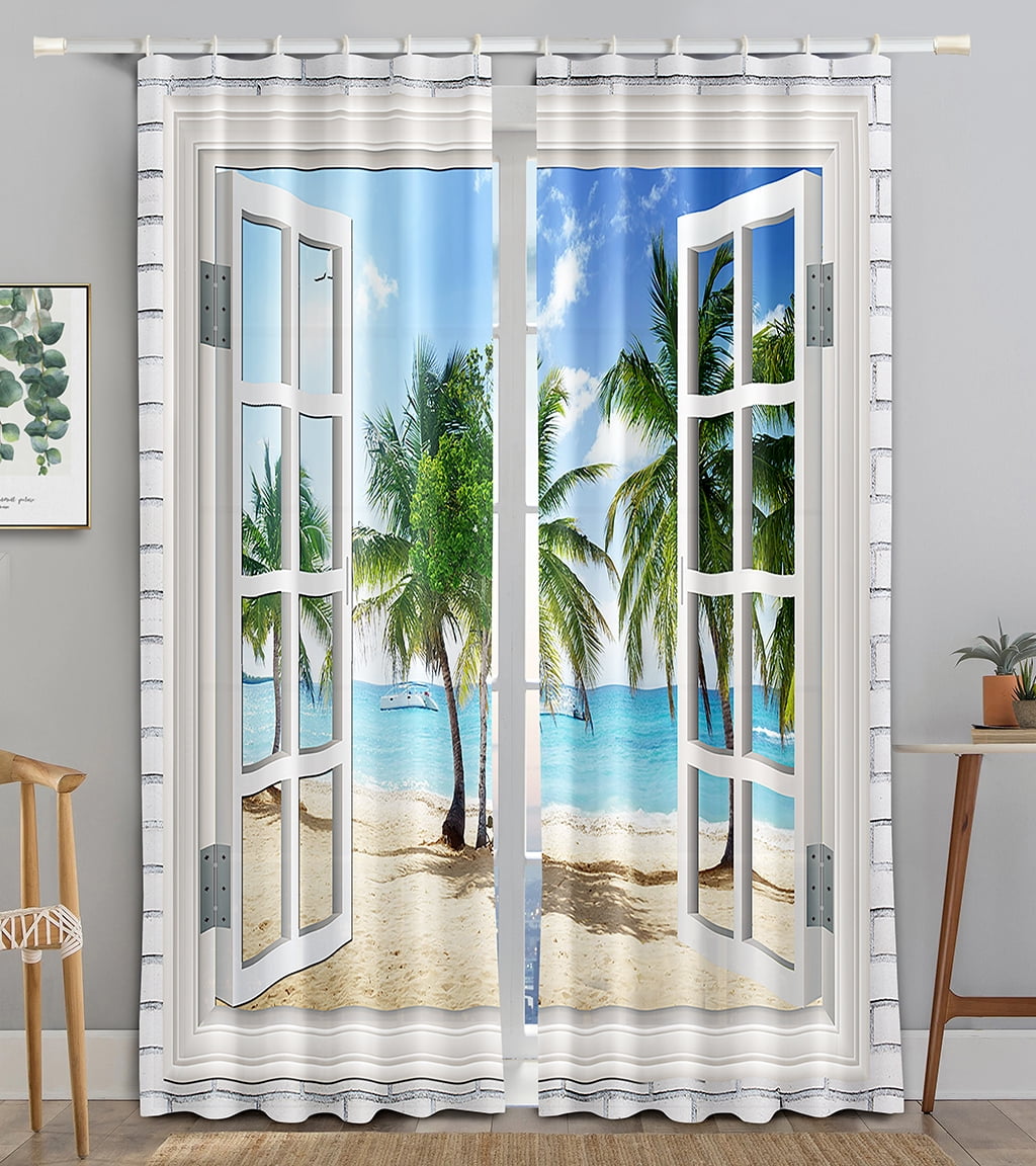 2 Panels Printed Curtains Balcony Architectural Landscape Semi-shading ...