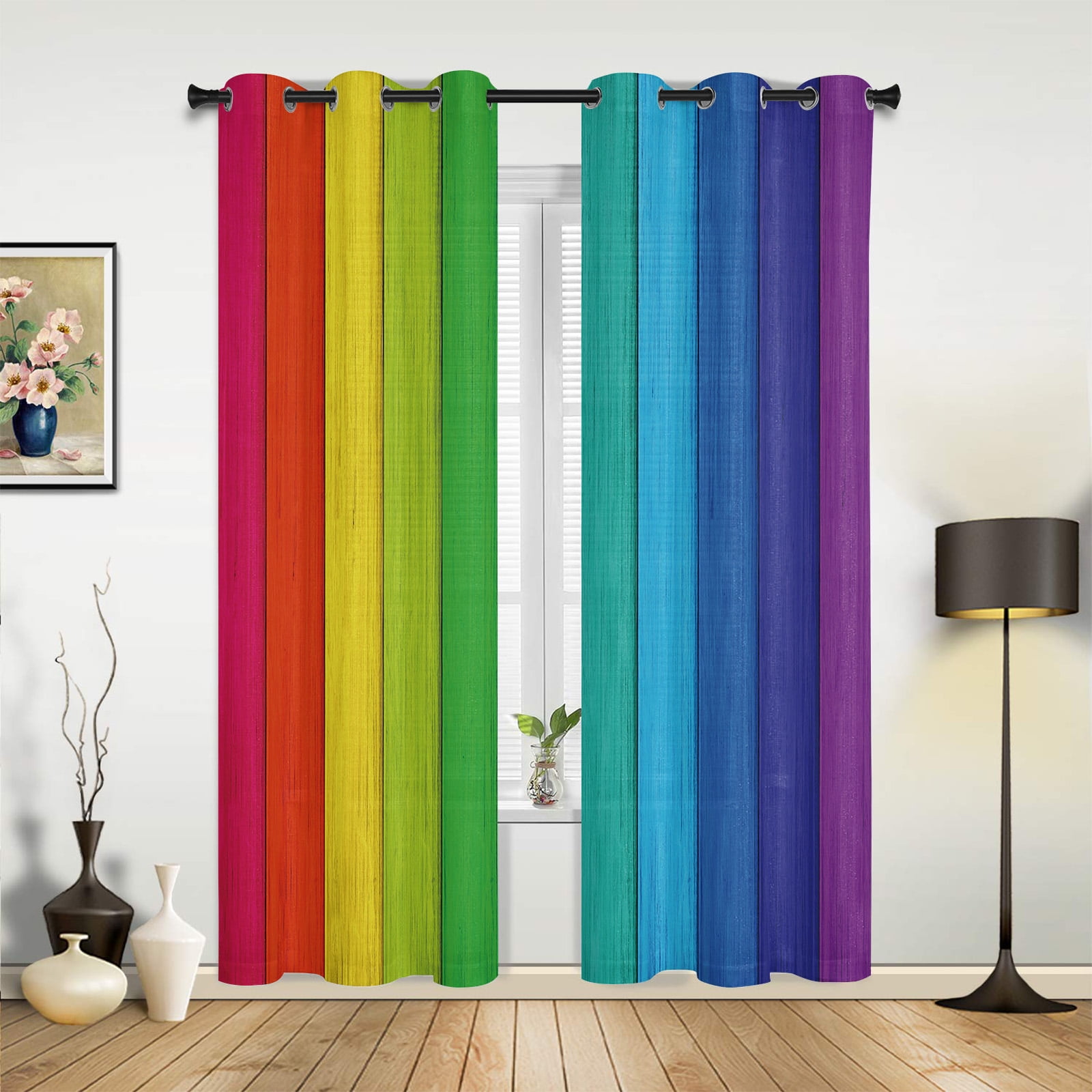 2 Panels Rainbow Colorful Stripes Curtains for Bedroom Living Room ...