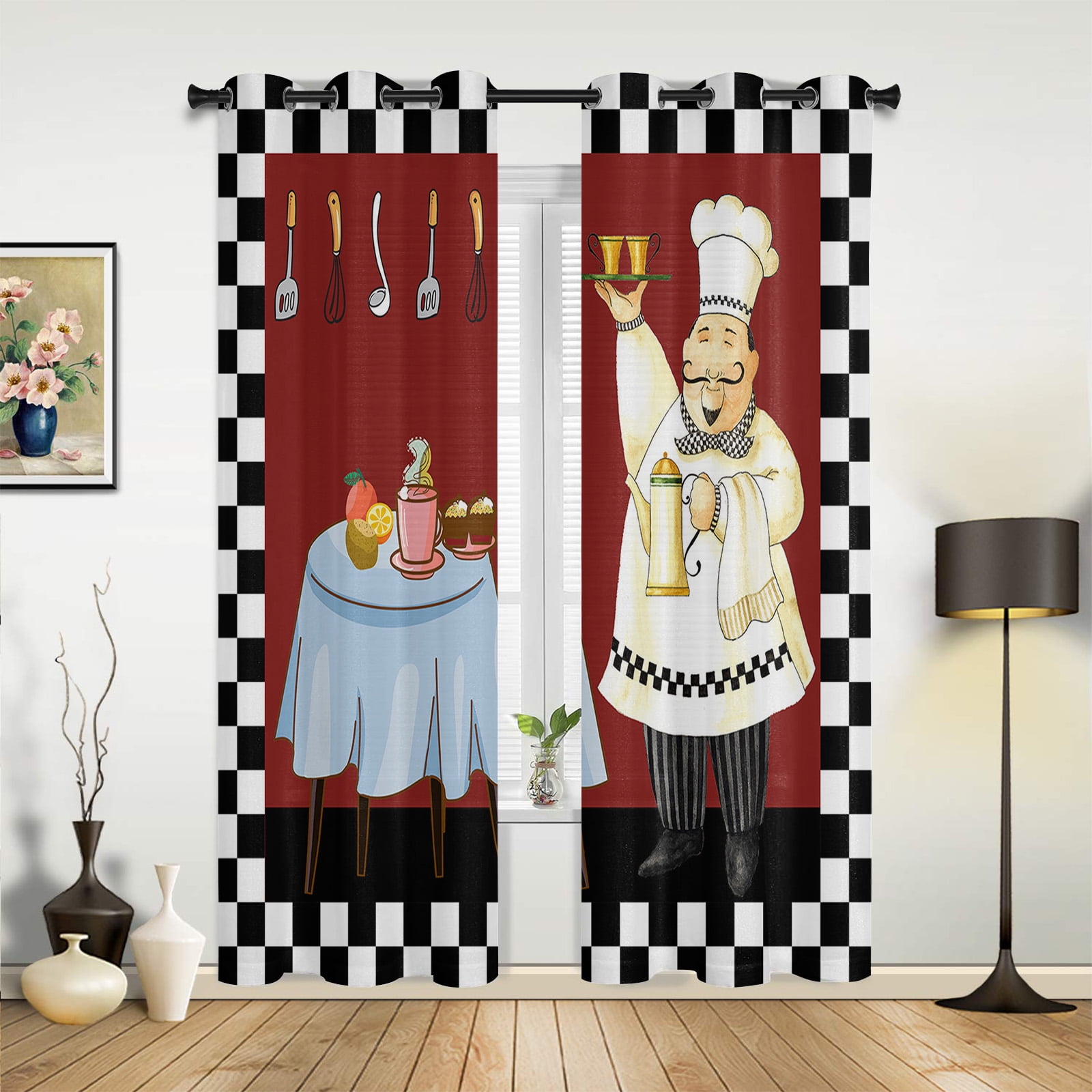 2 Panels Red Black And White Plaid Kitchen Cook Gourmet Knife Curtains ...