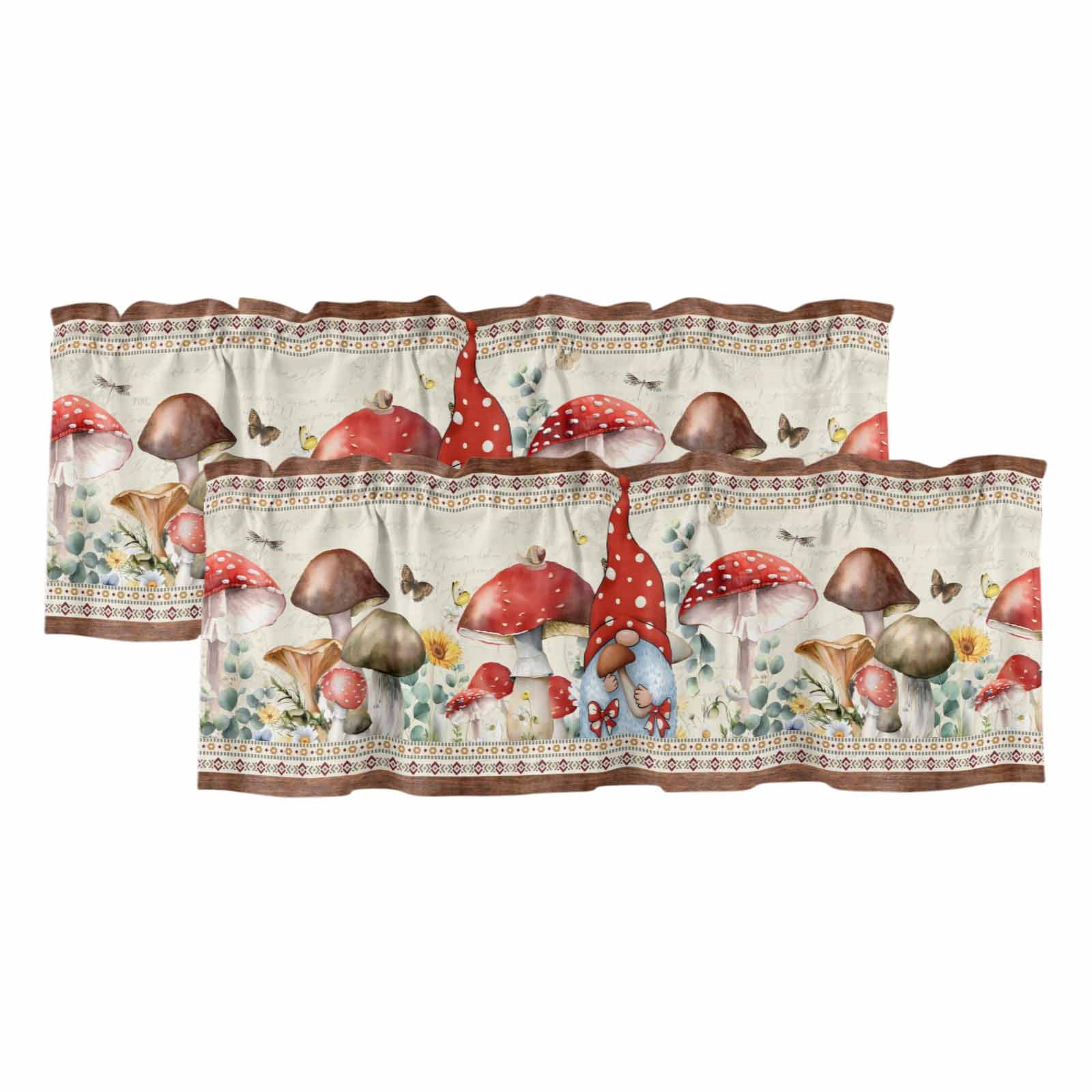 2 Panels Red Gnomes Mushrooms Valance for Windows, Spring Floral ...