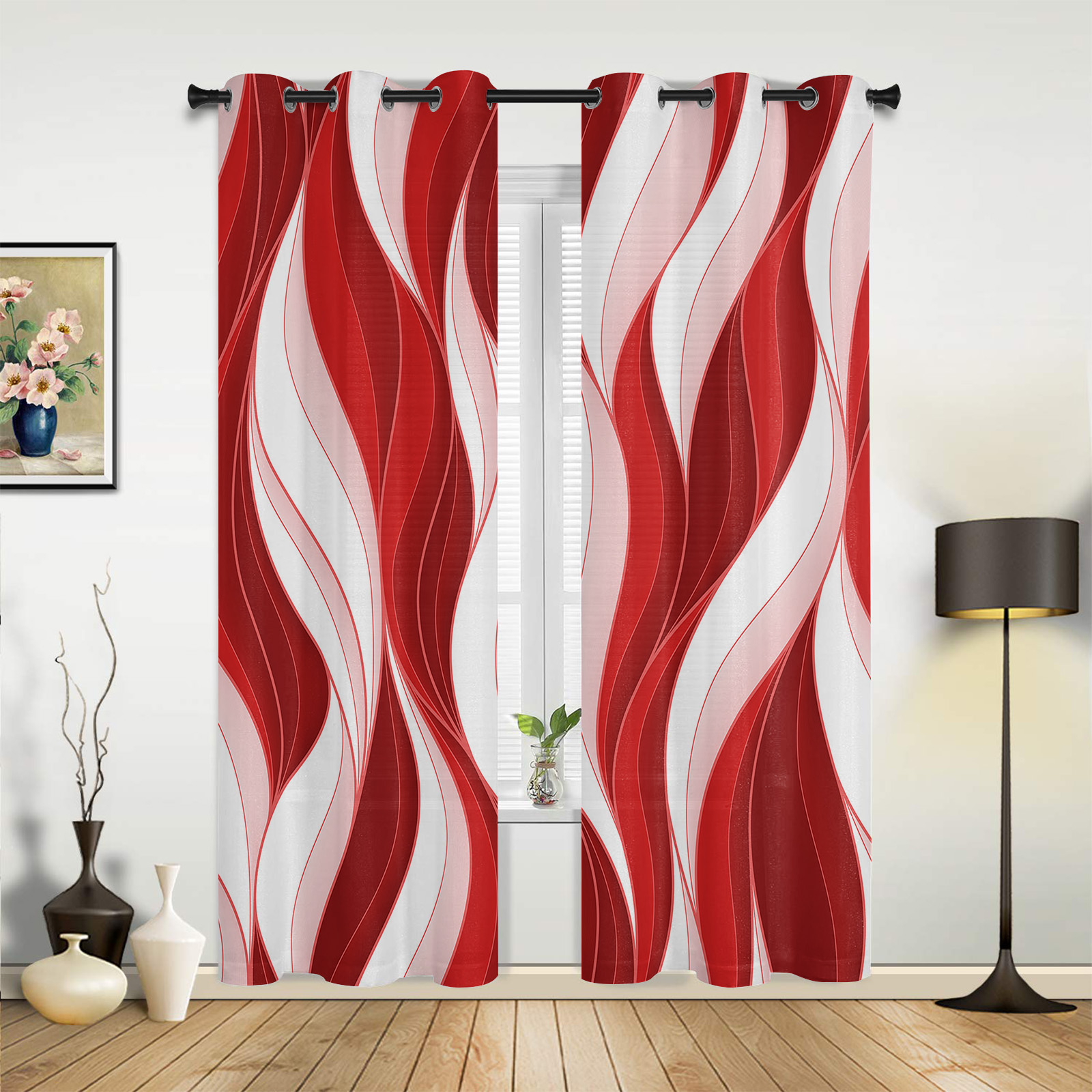 2 Panels Red Ripple Abstract Lines Curtains for Bedroom Living Room ...