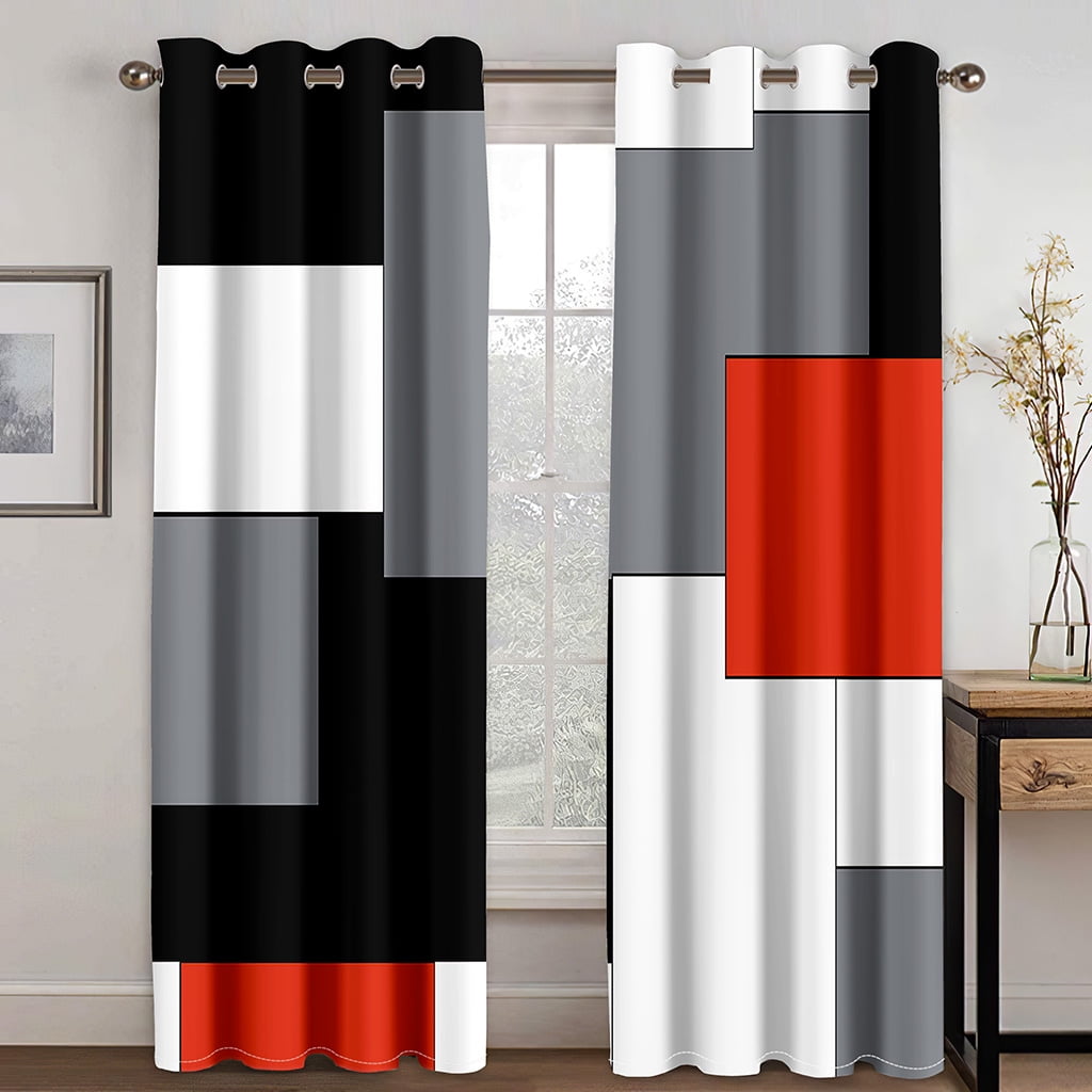 2 Panels Red square how much pattern 3D curtains minimalist suitable ...