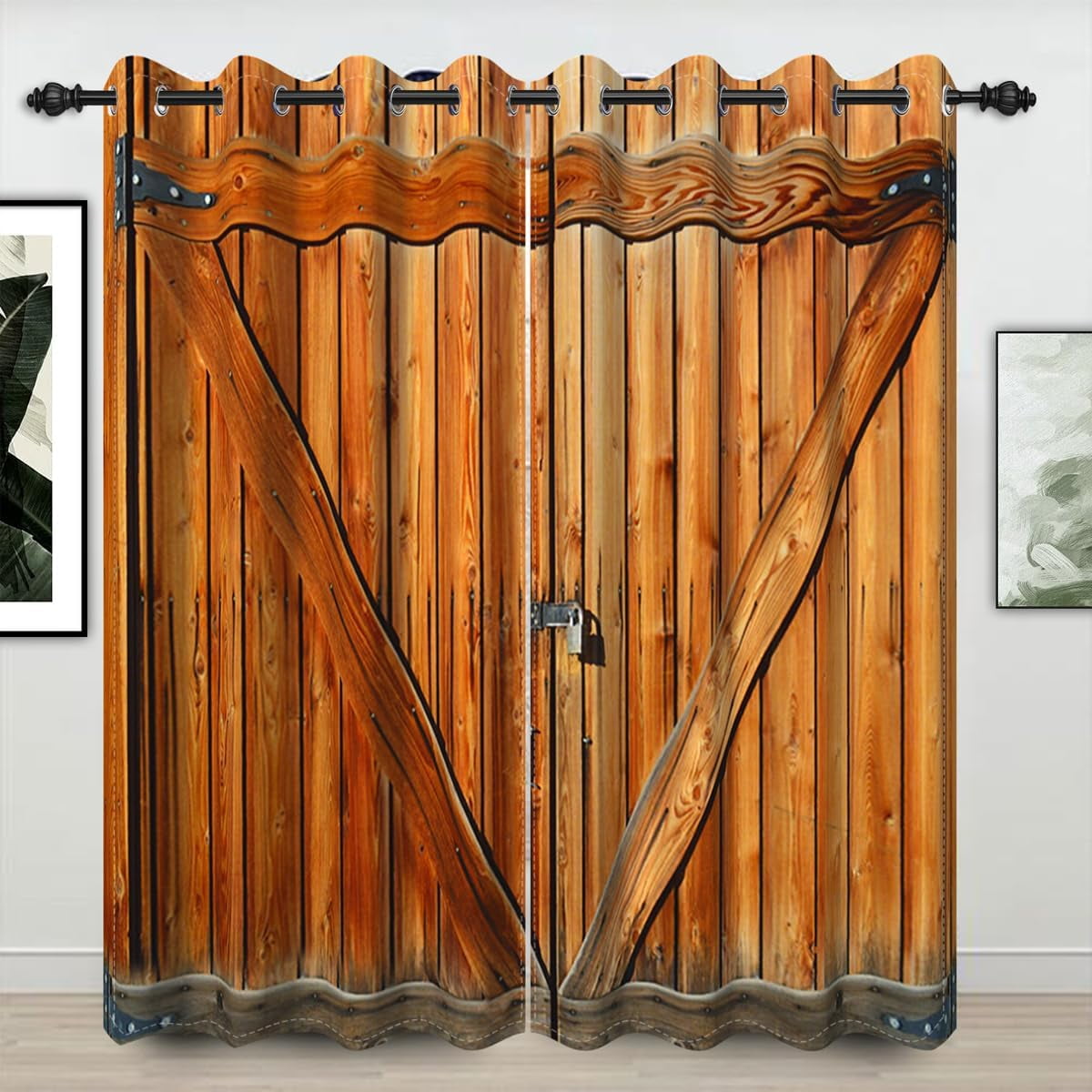 2 Panels Rustic Wood Door Window Curtains Wild West Wooden Barn Plank ...