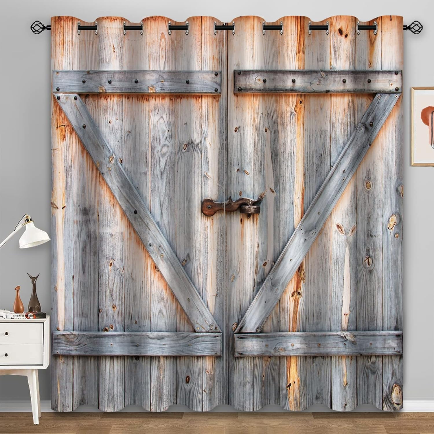 2 Panels Rustic Wood Door Window Curtains Wild West Wooden Barn Plank ...