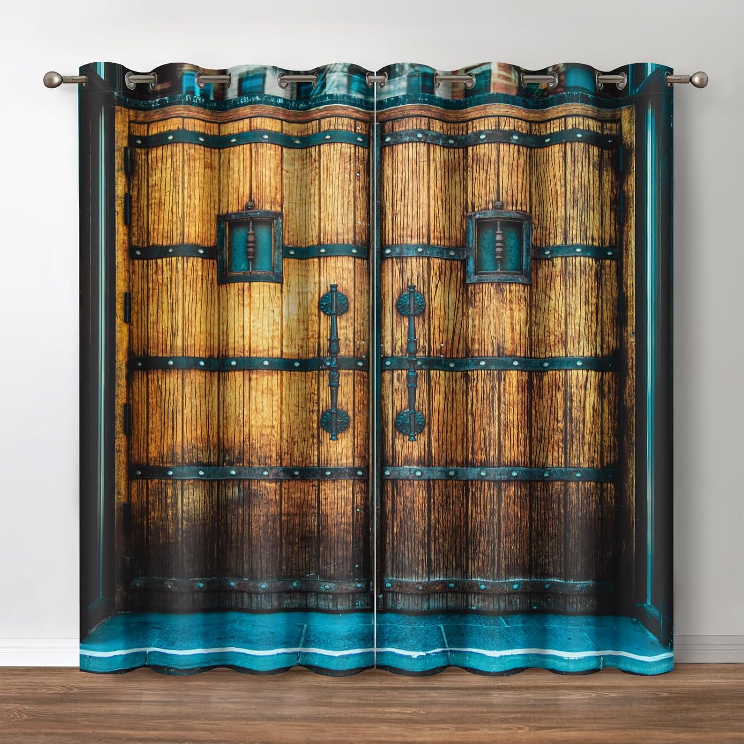 2 Panels Rustic Wood Door Window Curtains Wild West Wooden Barn Plank ...