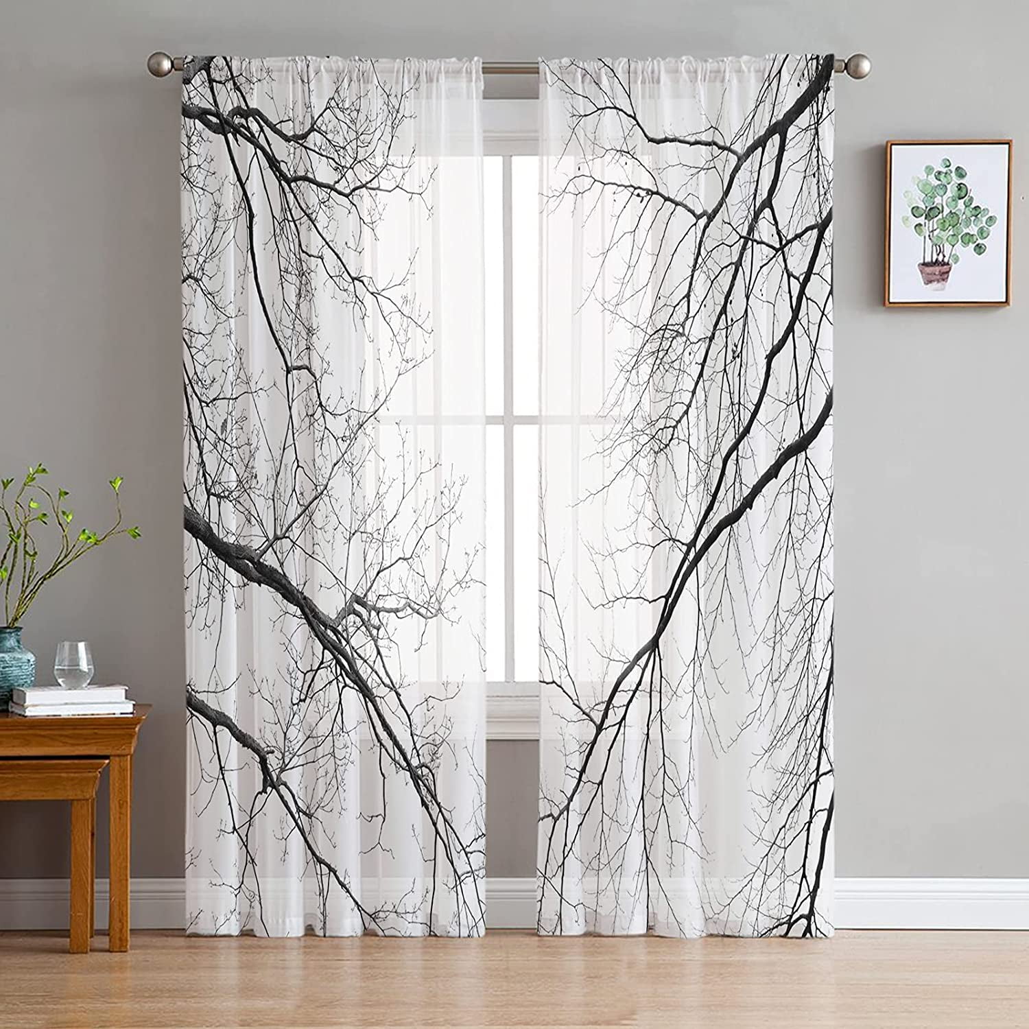 2 Panels Semi Sheer Curtains, Halloween Dead Tree Branches Black White ...