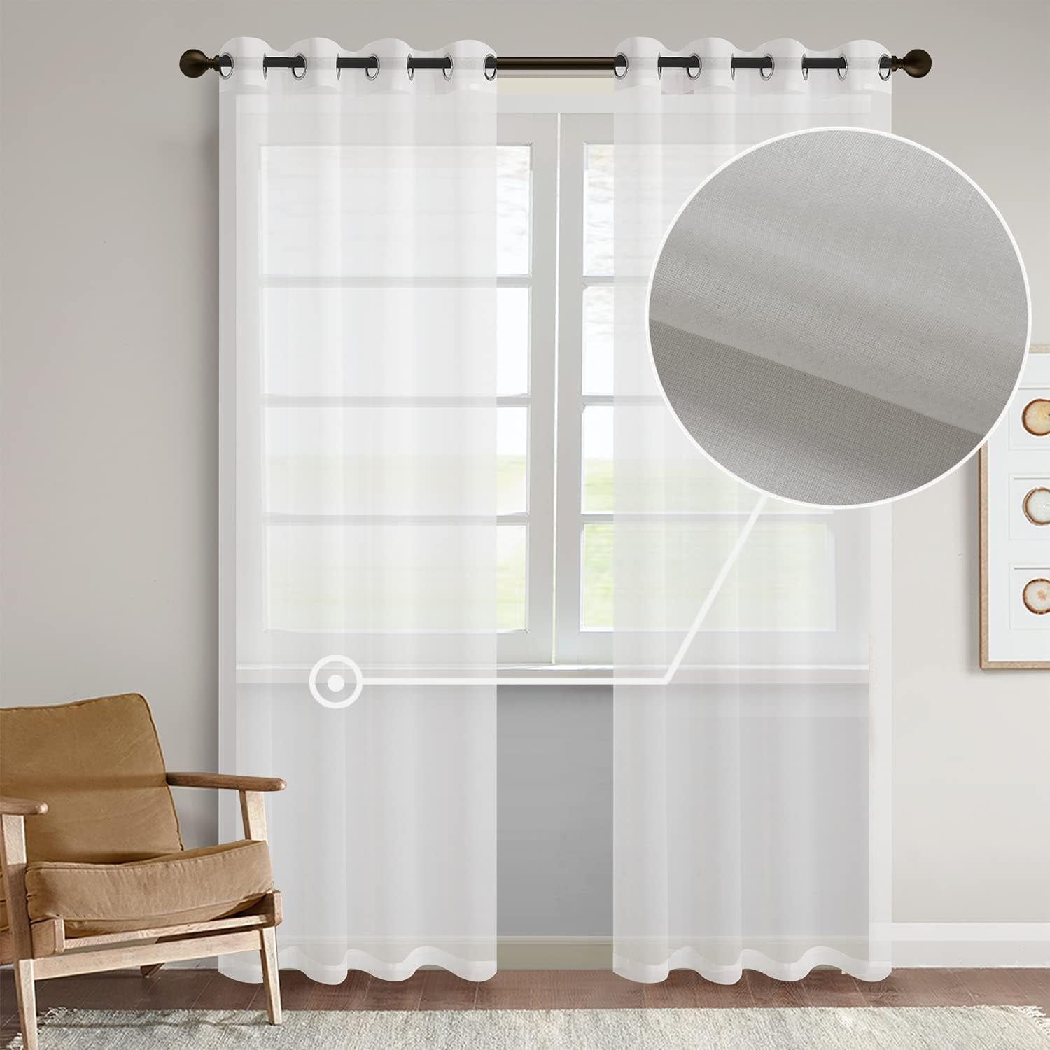 2 Panels Semi-Sheer Voile Curtains Set Grommet Top for Easy ...
