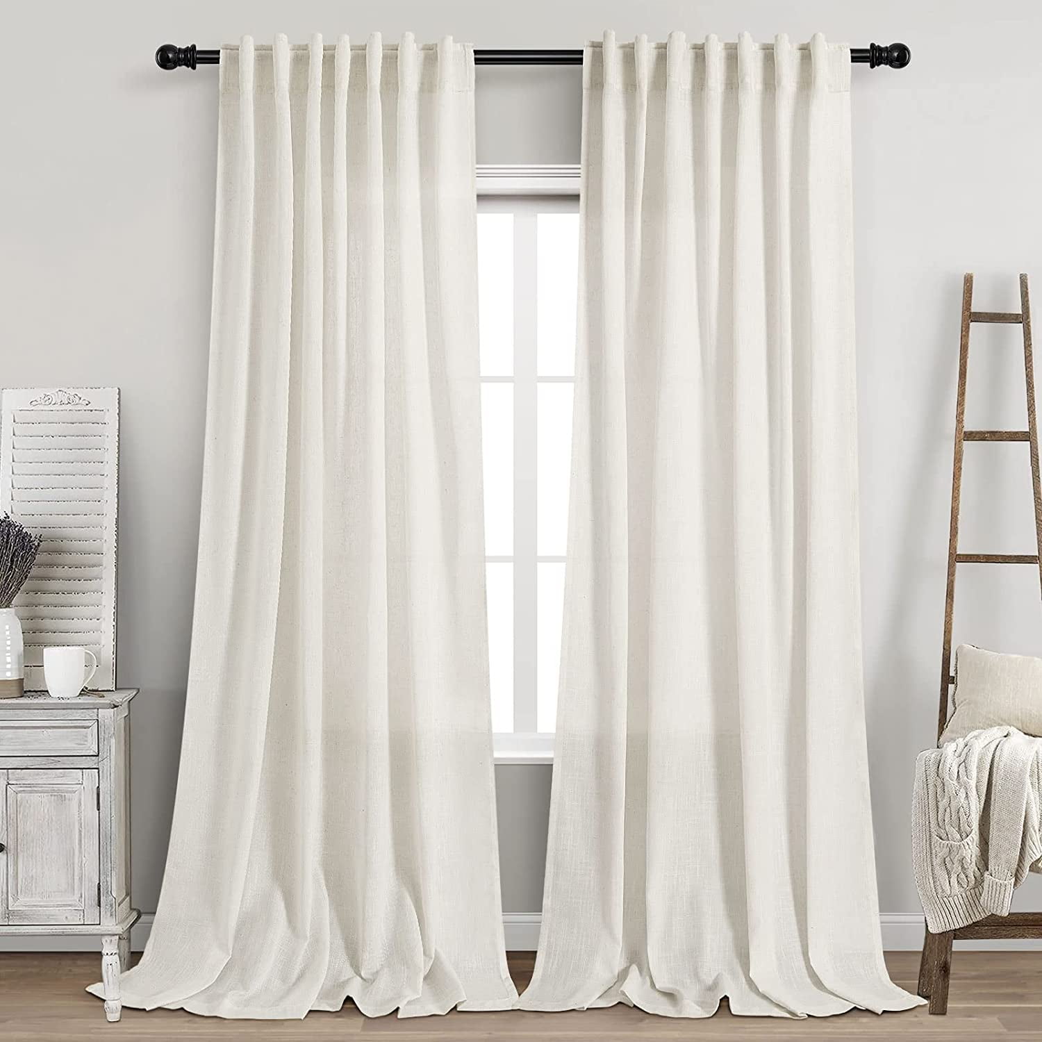 2 Panels Set Cream Linen Curtains 108 inches Long for Living Room Extra ...