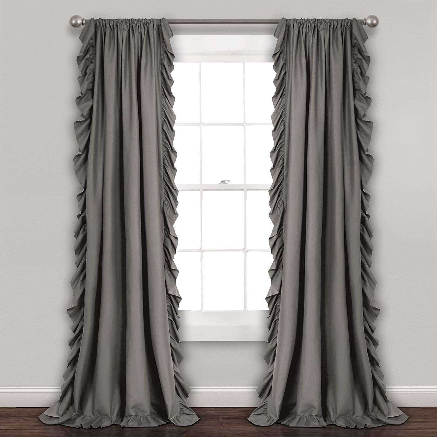 2 Panels Set Grey Farmhouse Ruffle Curtains for Living Room Rod Pocket ...