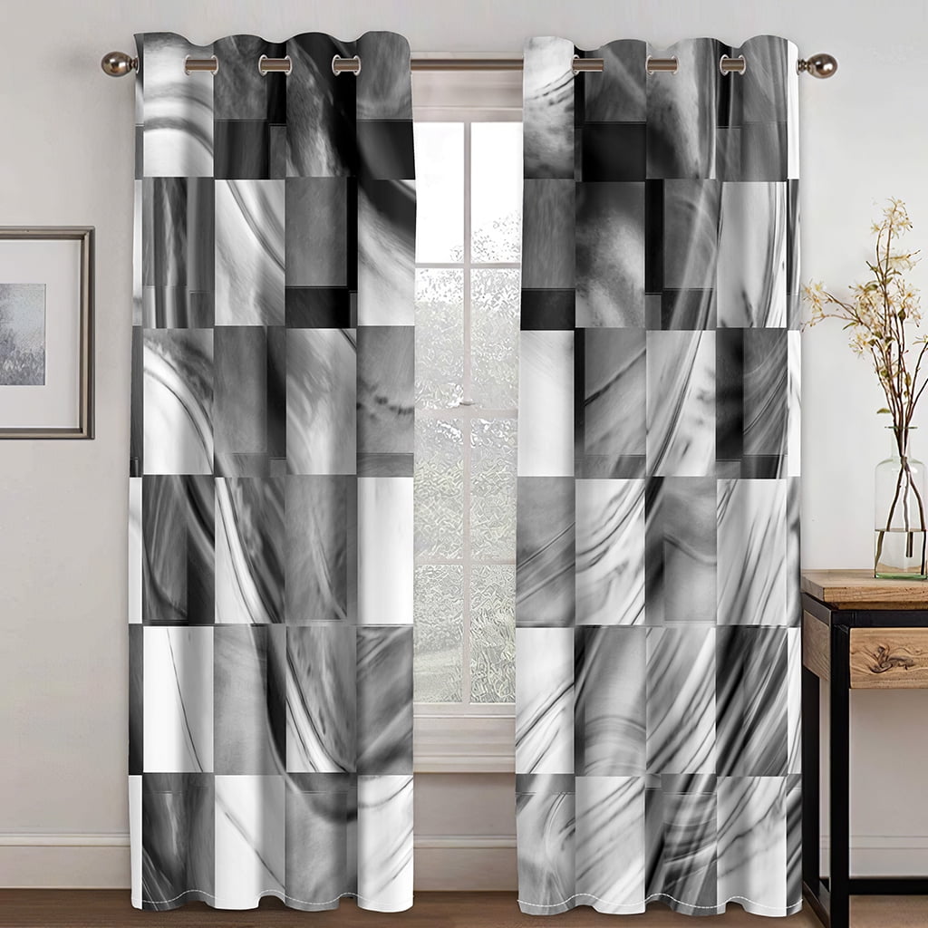 2 Panels Silver Geometry Square Black & White Curtains Red Blue Living ...