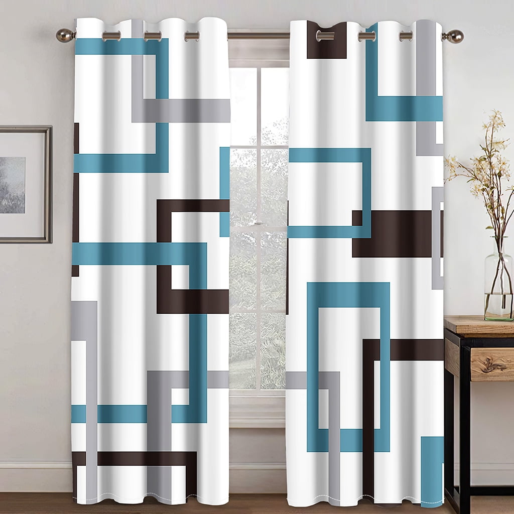2 Panels Silver Geometry Square Black & White Curtains Red Blue Living ...