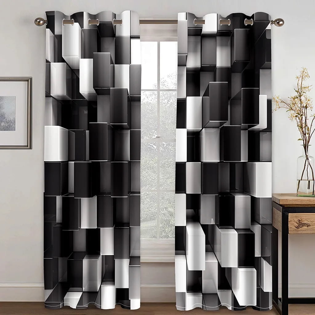 2 Panels Silver Geometry Square Black & White Curtains Red Blue Living ...