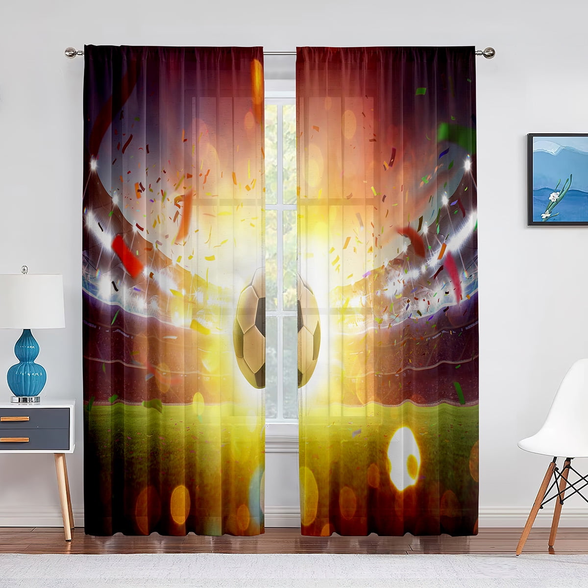 2 Panels Soccer Spherical Football Ball Colorful Art Curtain for Living ...