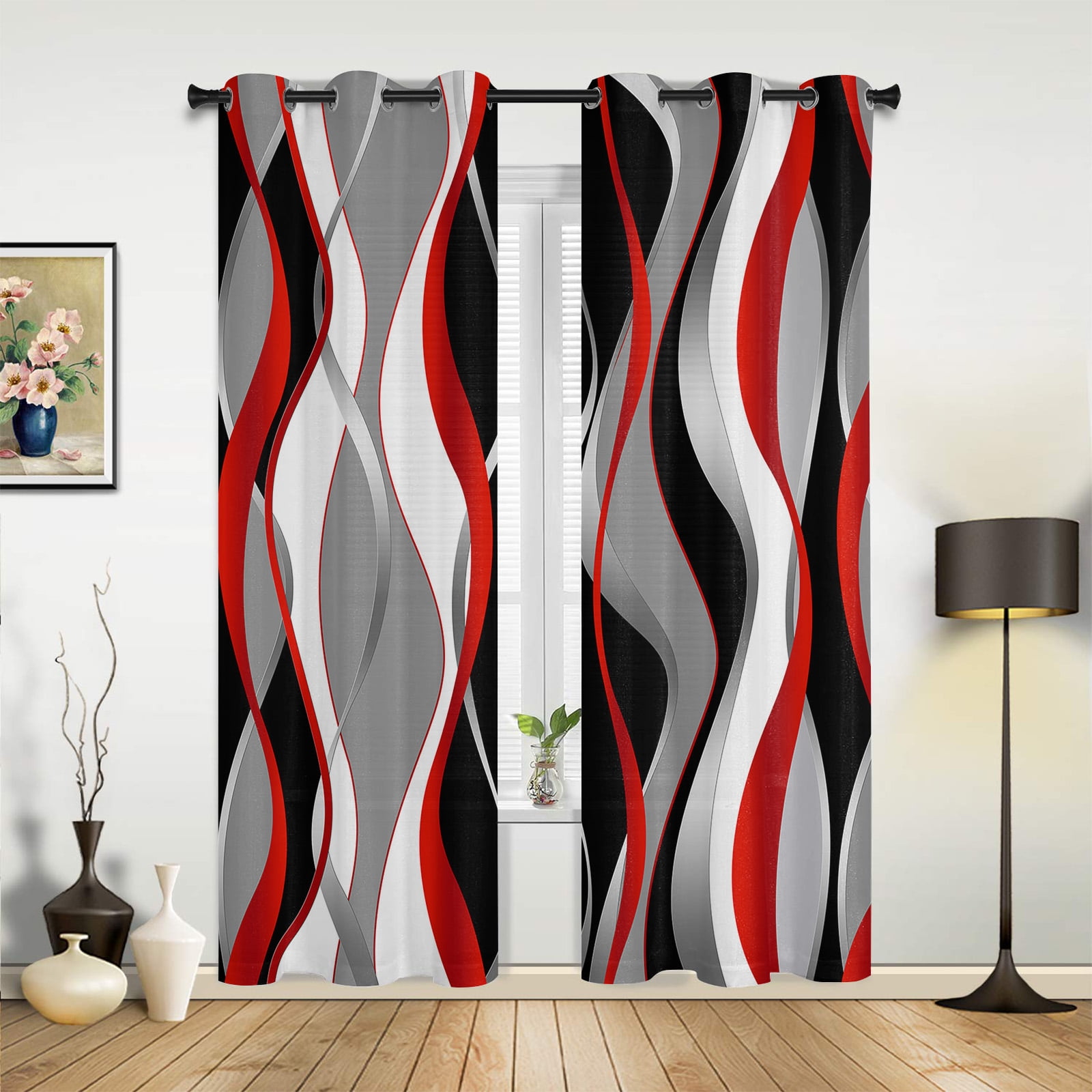2 Panels Stereo Abstract Line Gradient Red Black Curtains for Bedroom ...