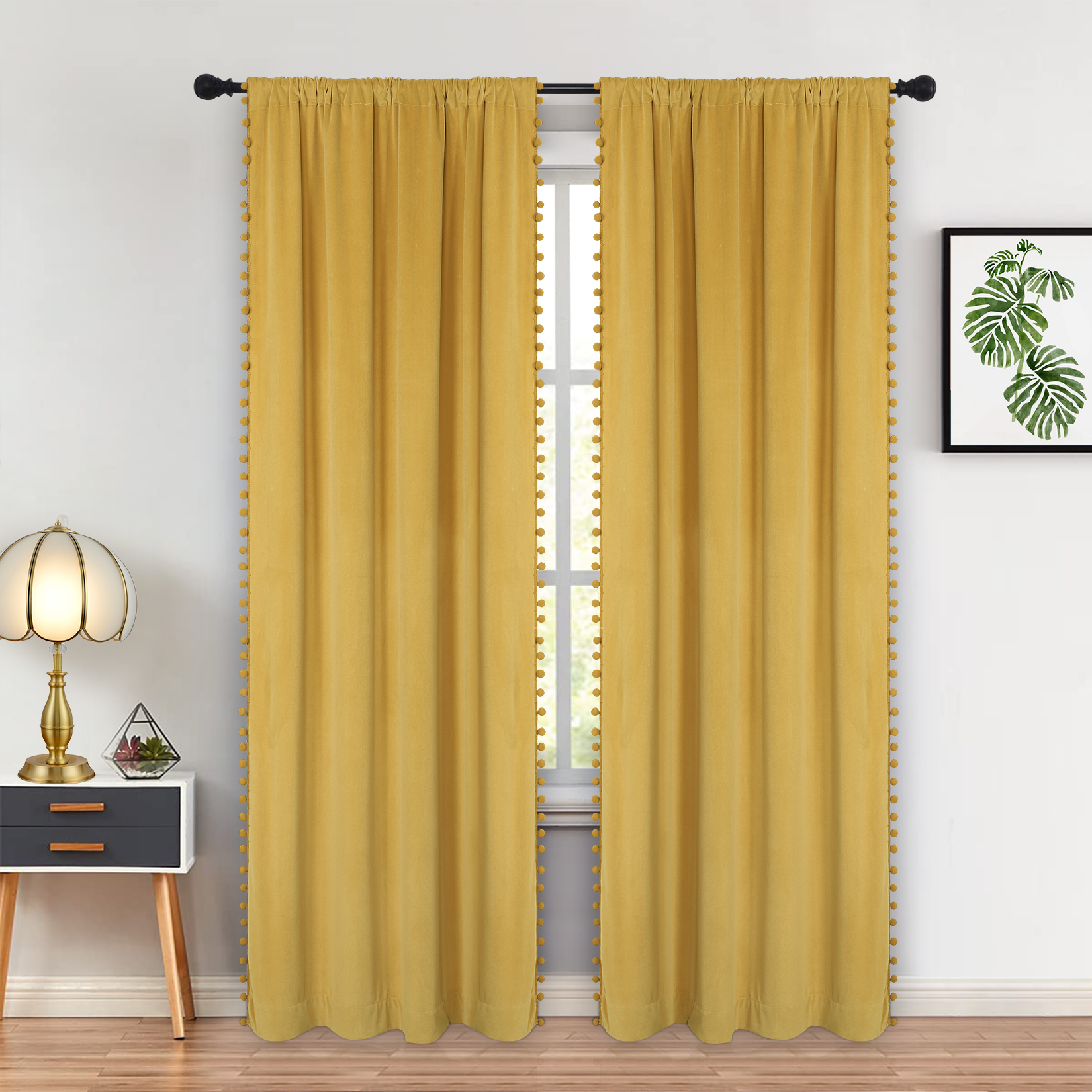 2 Panels Velvet Curtain Drapes, Rod Pocket Luxury Pom Pom Tasseled ...