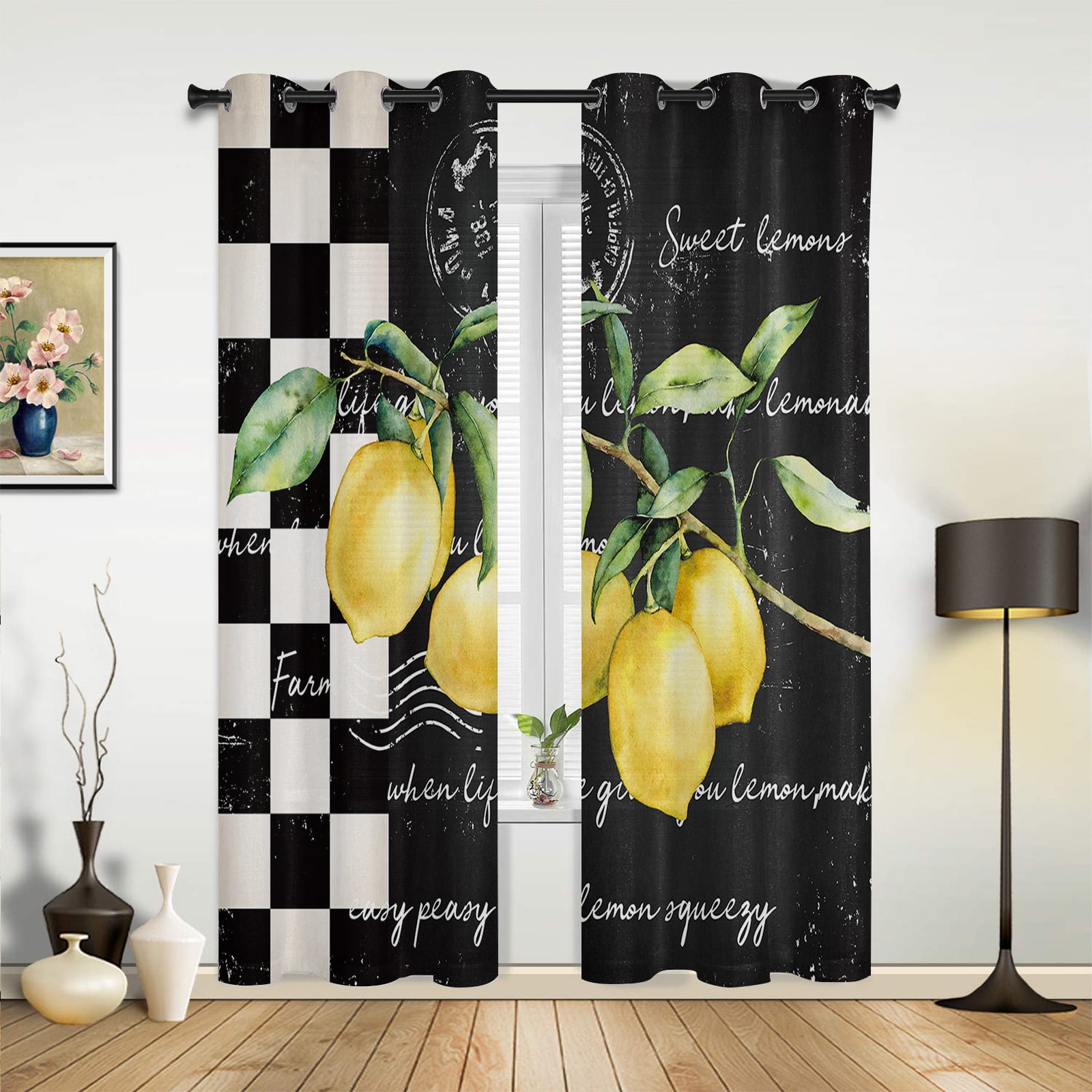 2 Panels Vintage Farm Fruit Lemon Plaid Black Curtains for Bedroom ...