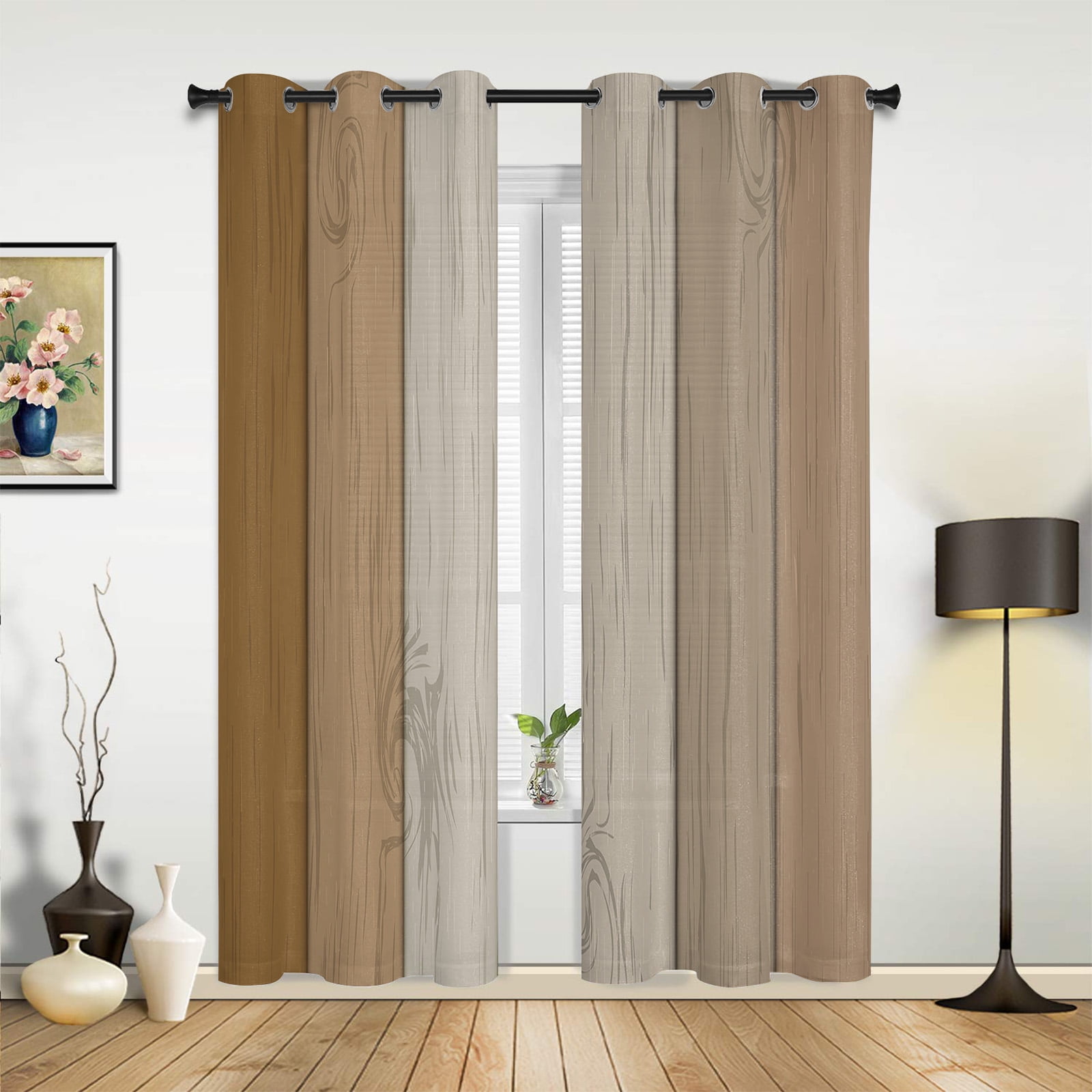 2 Panels Vintage Khaki Brown Gradual Wood Grain Curtains for Bedroom ...