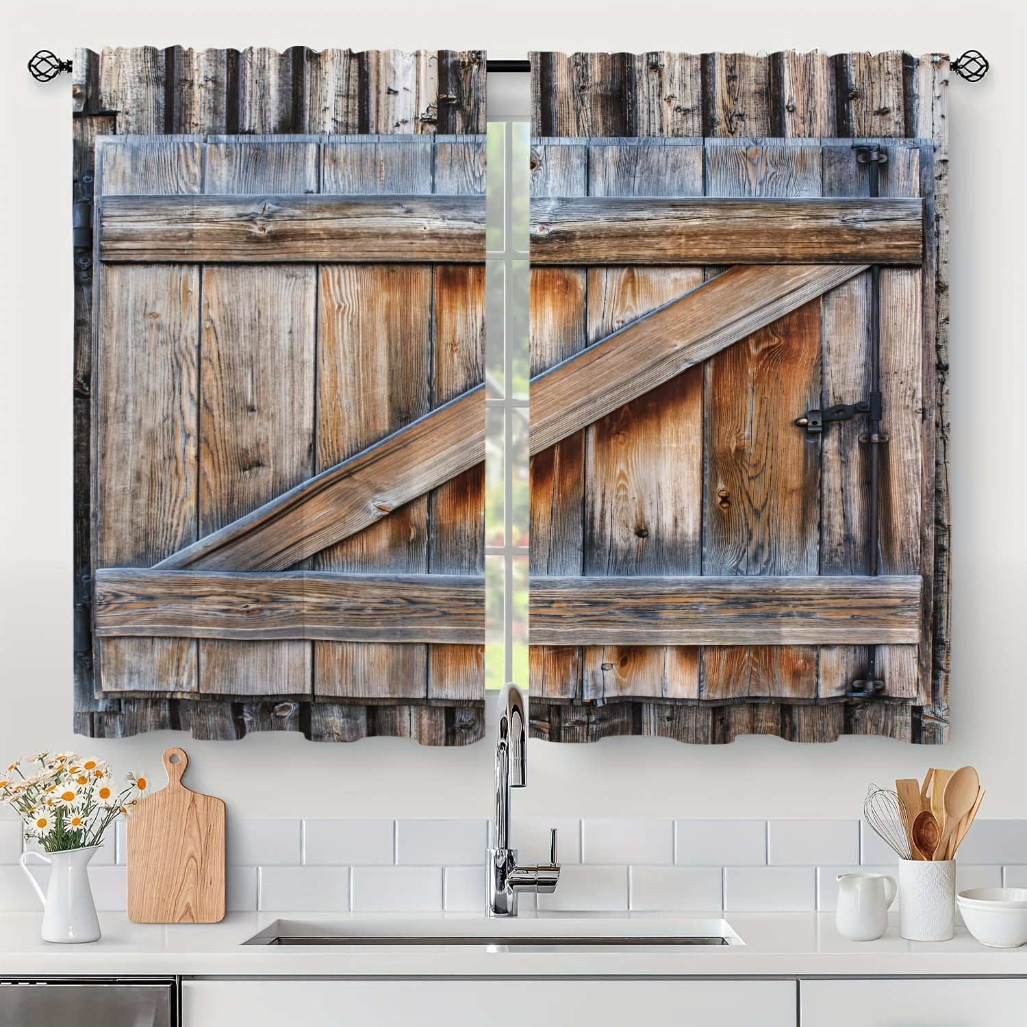 2 Panels Vintage Rustic Light Colour Wooden Door Pattern Curtains Farm ...