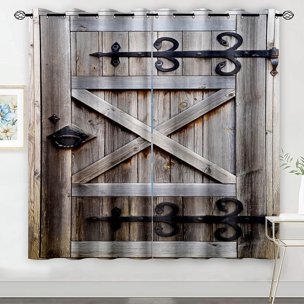 2 Panels Vintage Rustic Light Colour Wooden Door Pattern Curtains Farm ...