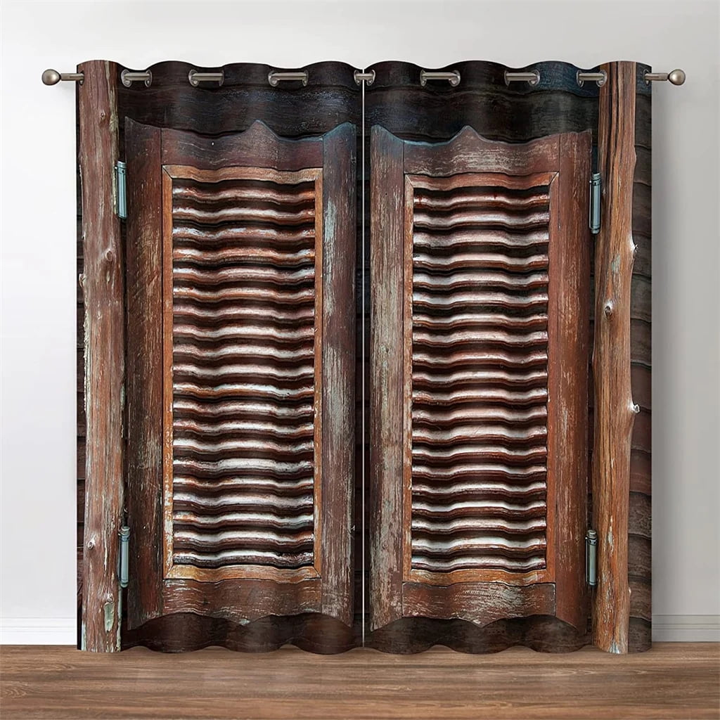 2 Panels Vintage Rustic Light Colour Wooden Door Pattern Curtains Farm ...