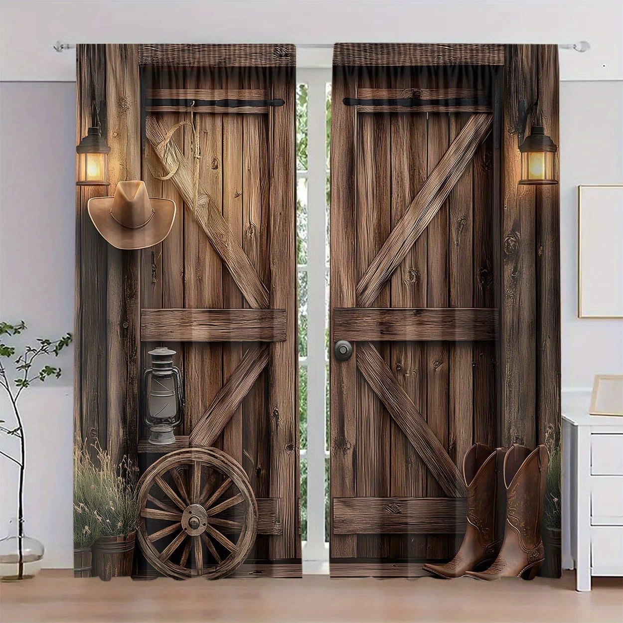 2 Panels Vintage Wooden Door Pattern Curtains with Rod Pocket ...