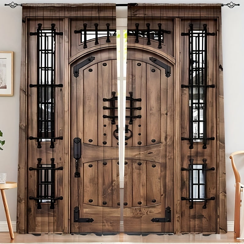 2 Panels Vintage Wooden Door Pattern Curtains with Rod Pocket ...