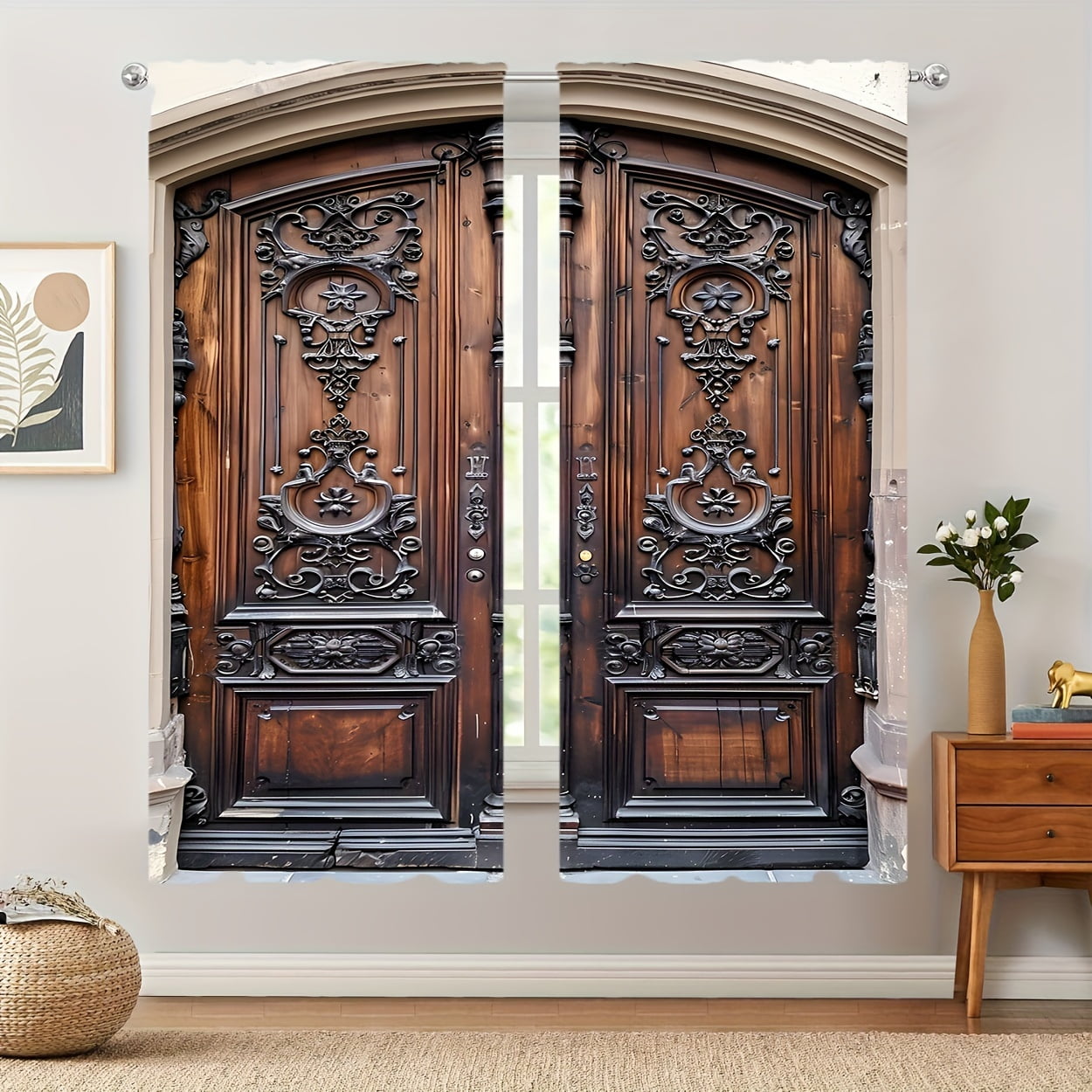 2 Panels Vintage Wooden Door Pattern Curtains with Rod Pocket ...