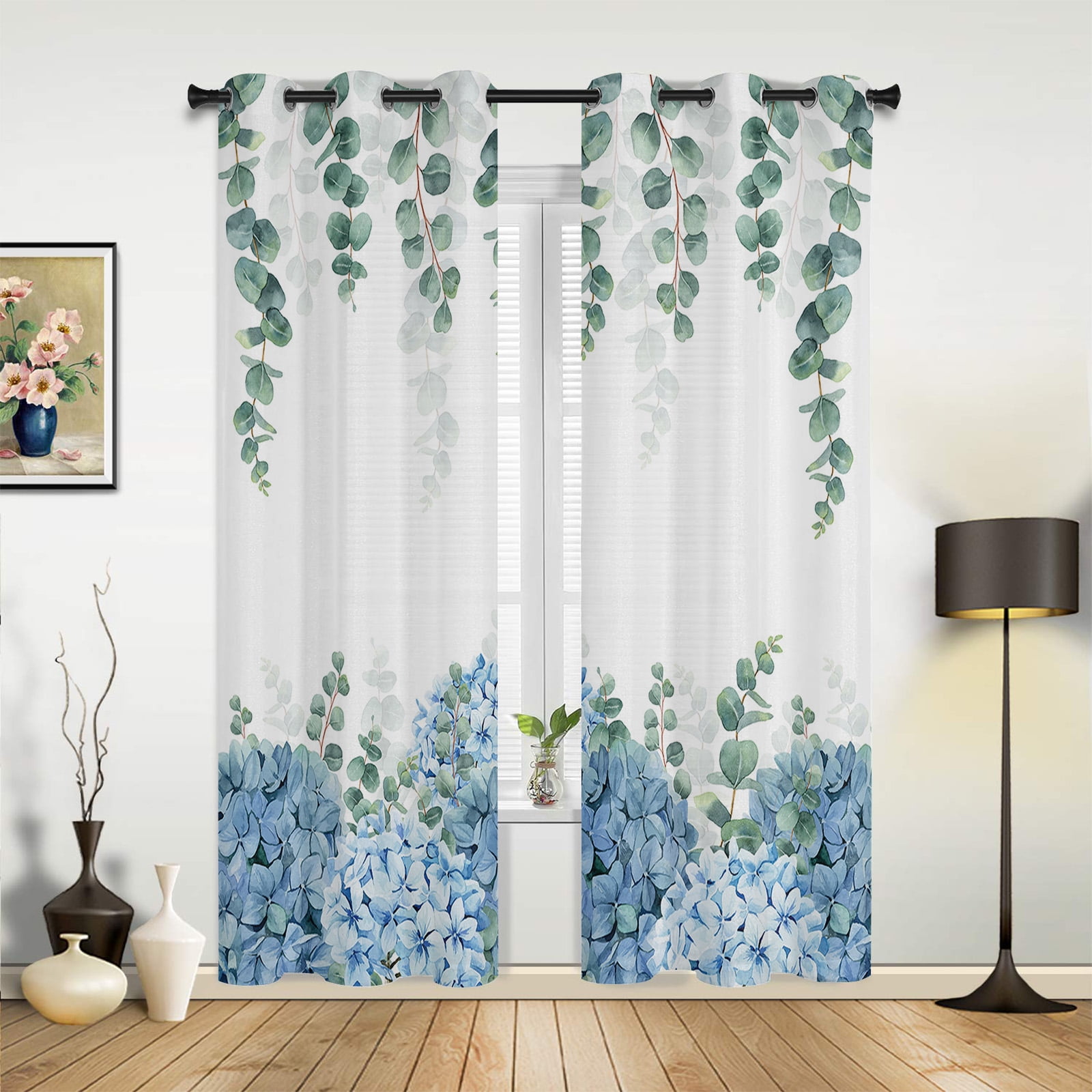 2 Panels Watercolor Hydrangea Leaves Flower Curtains for Bedroom Living ...