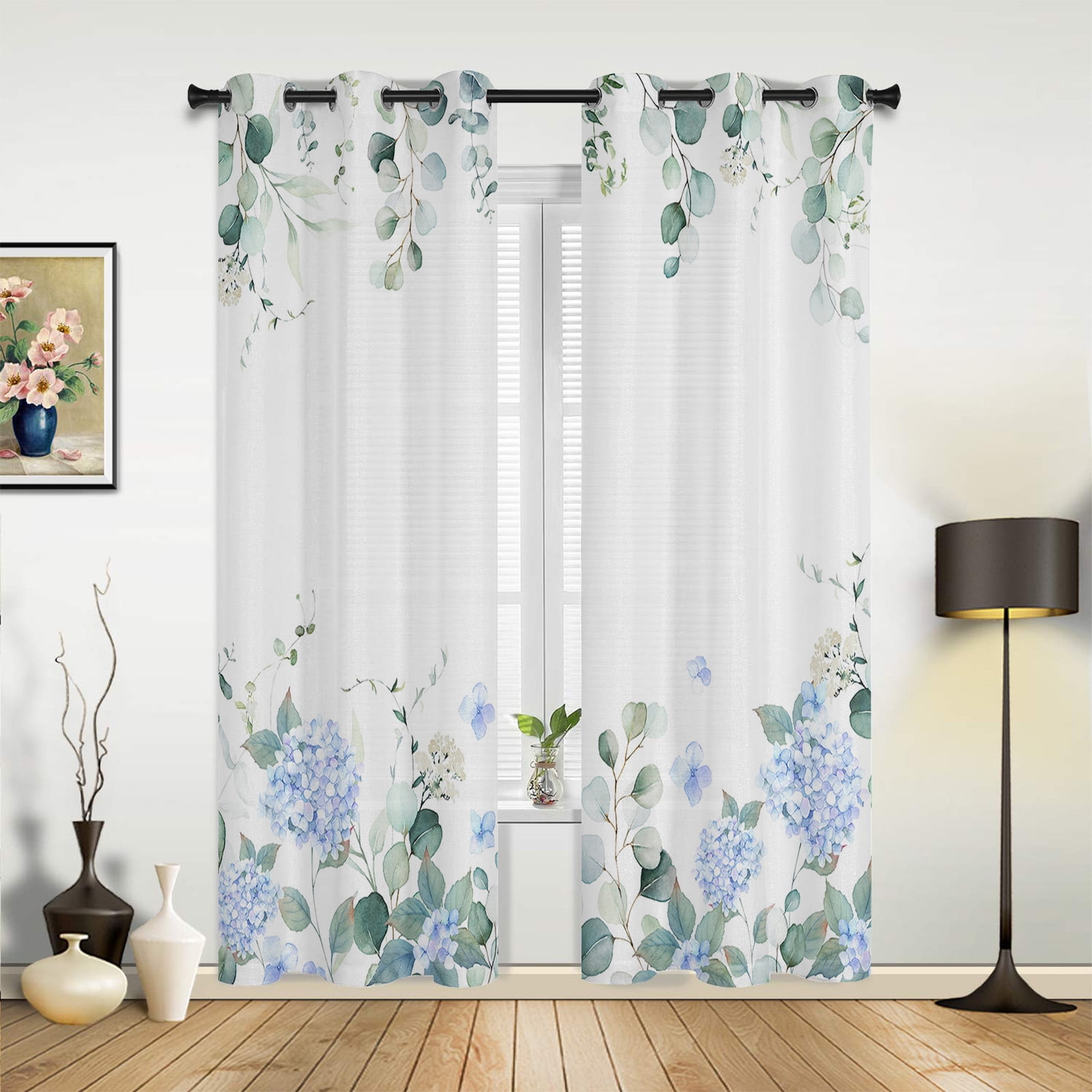 2 Panels Watercolor Hydrangea Leaves Flower Curtains for Bedroom Living ...