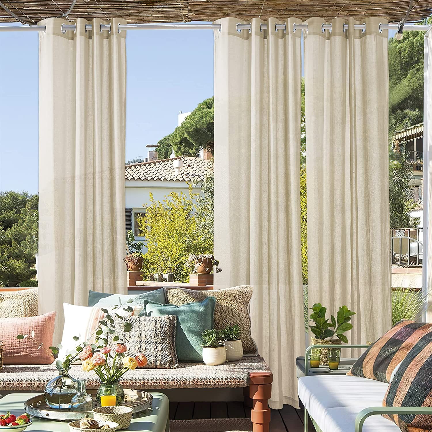 2 Panels Waterproof Outdoor Patio Curtains, Linen Look Semi-Sheer ...