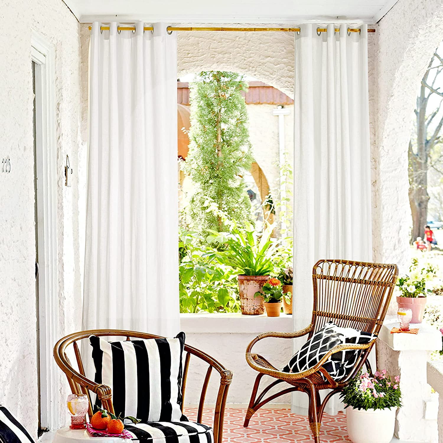 2 Panels Waterproof Outdoor Patio Curtains, Linen Look Semi-Sheer ...