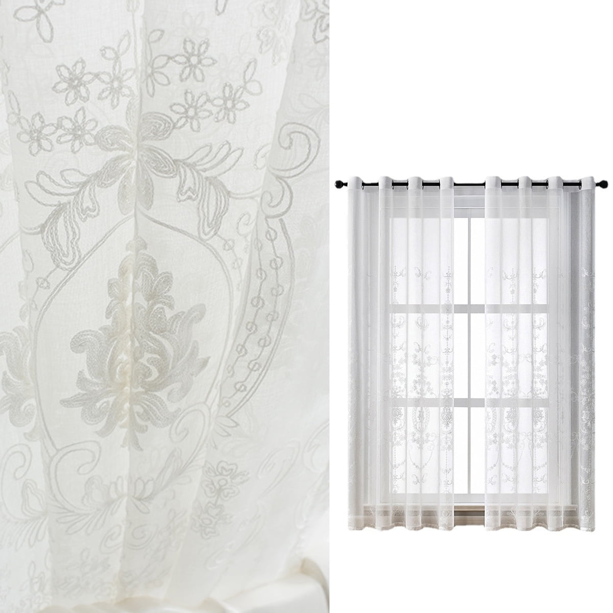 2 Panels White European Style Sheer Curtain Embroidered Window Curtains ...