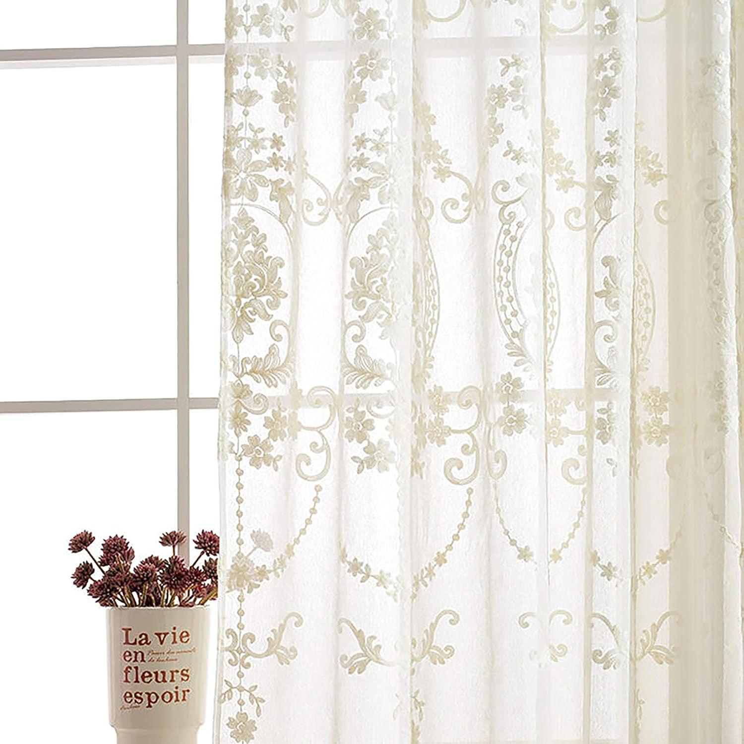 2 Panels White European Style Sheer Curtain Embroidered Window Curtains ...