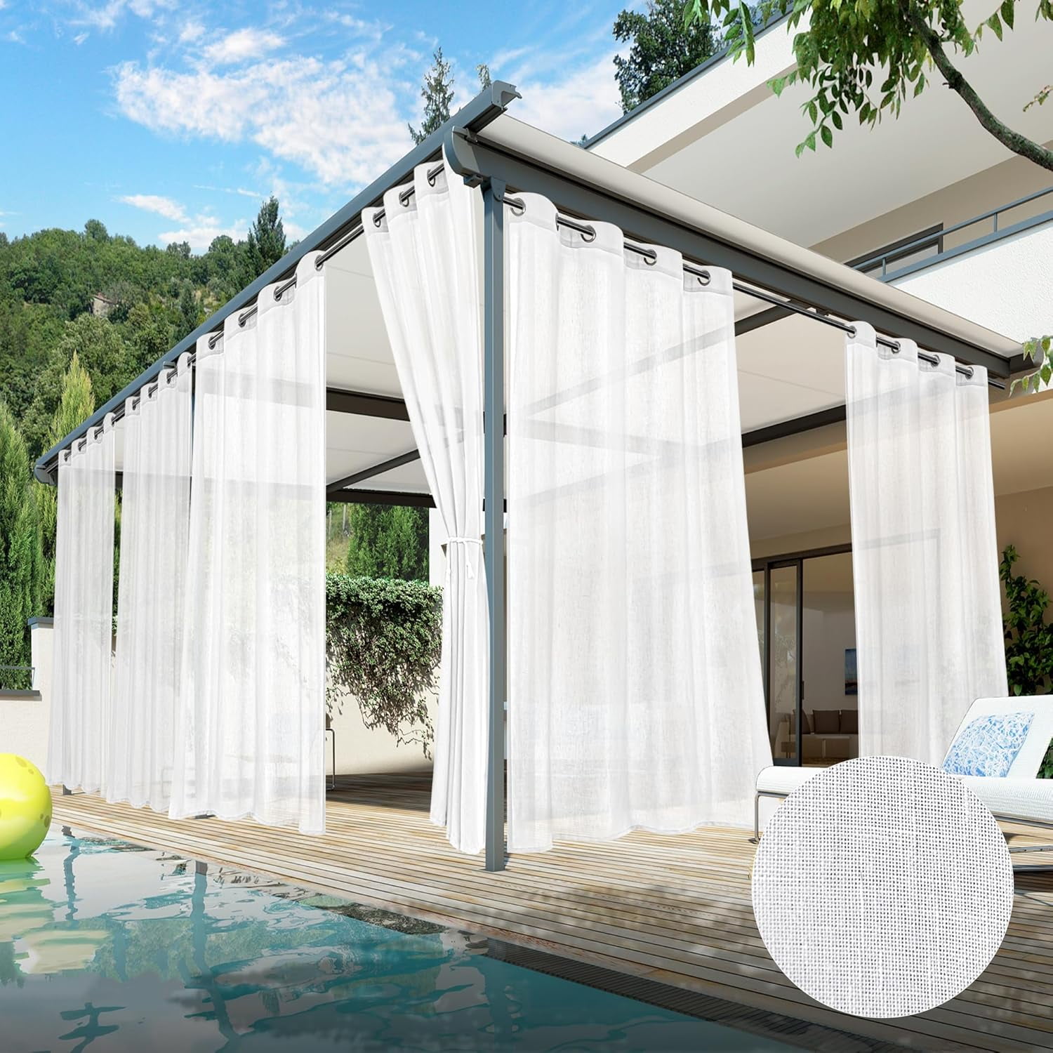 2 Panels White Outdoor Sheer Curtains for Patio Waterproof-Linen Semi ...