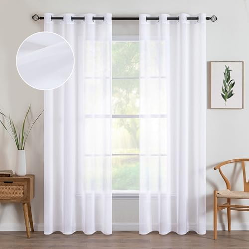 2 Panels White Semi Sheer Window Curtains 96 Inches Long Elegant ...