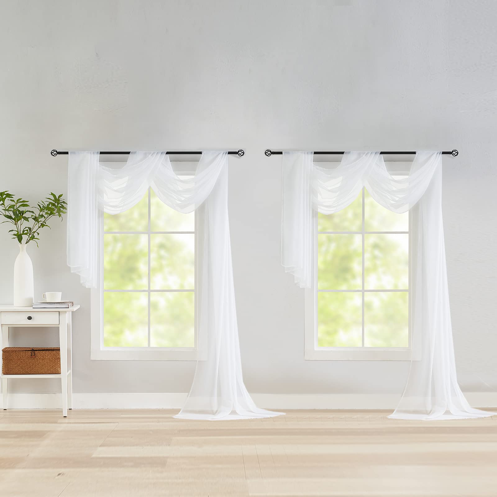 2 Panels White Sheer Scarf Valance Curtains for Windows 144 Inches Long ...