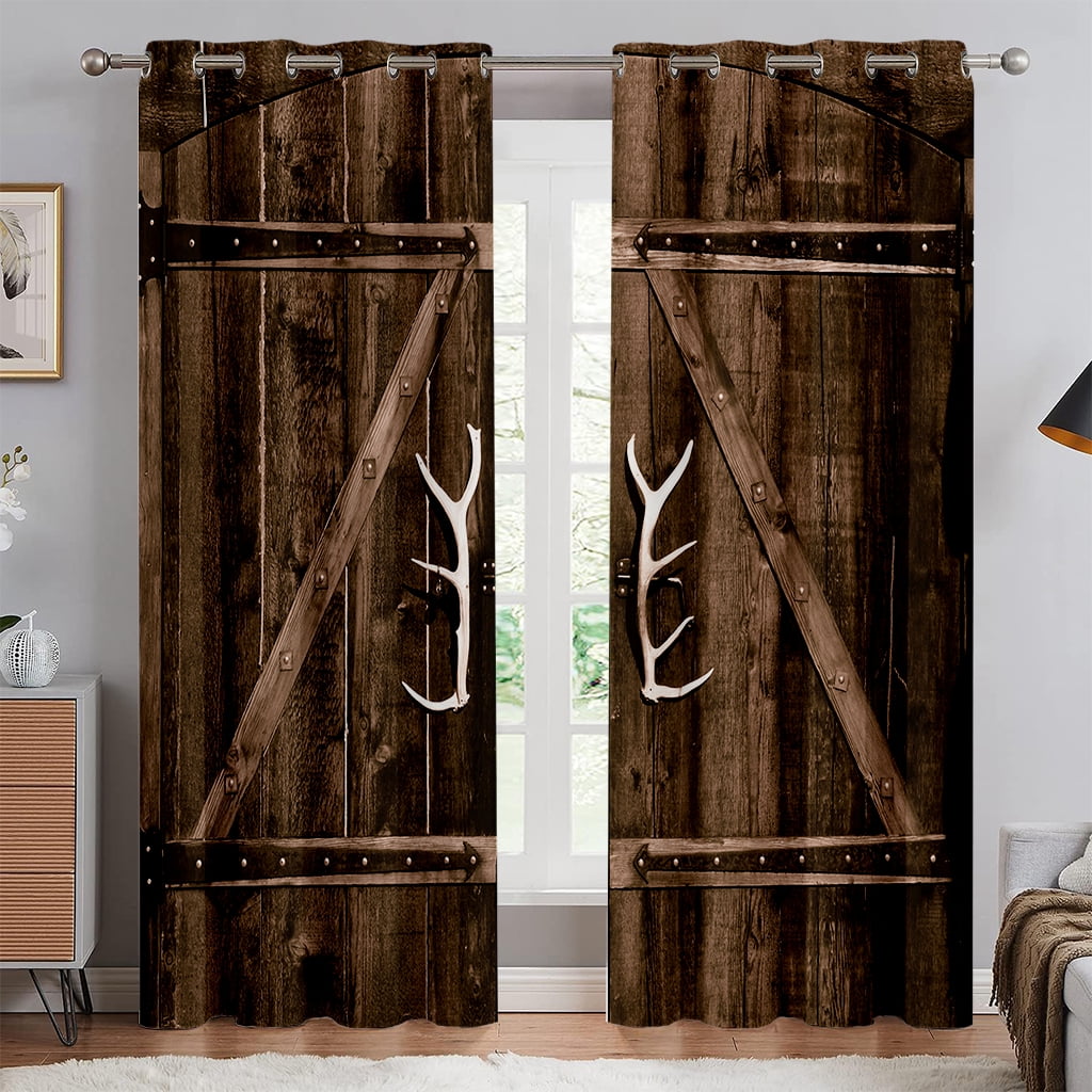 2 Panels Window Curtains Retro Wooden Door Realistic 3d Printing ...