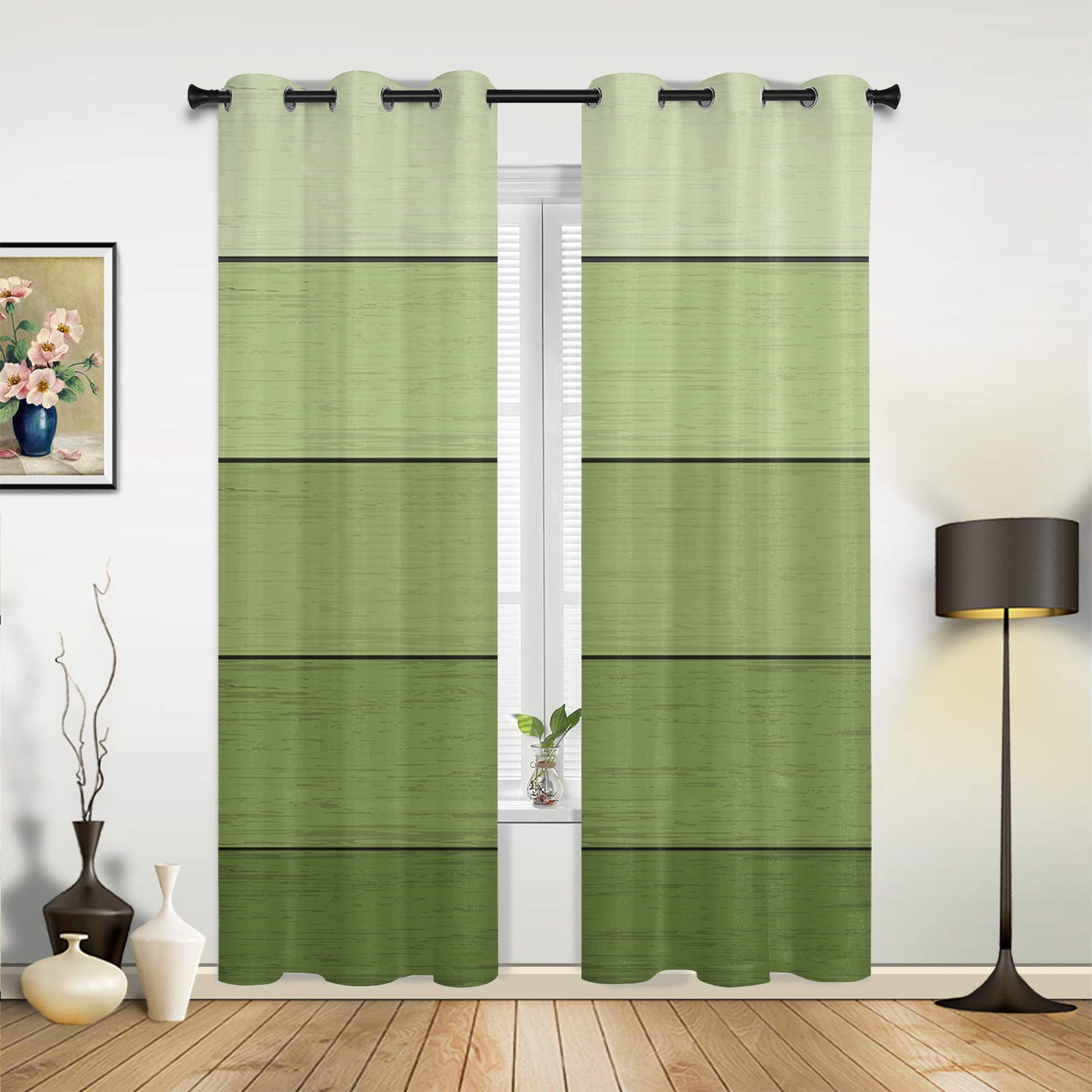 2 Panels Wood Grain Green Gradient Curtains for Bedroom Living Room ...
