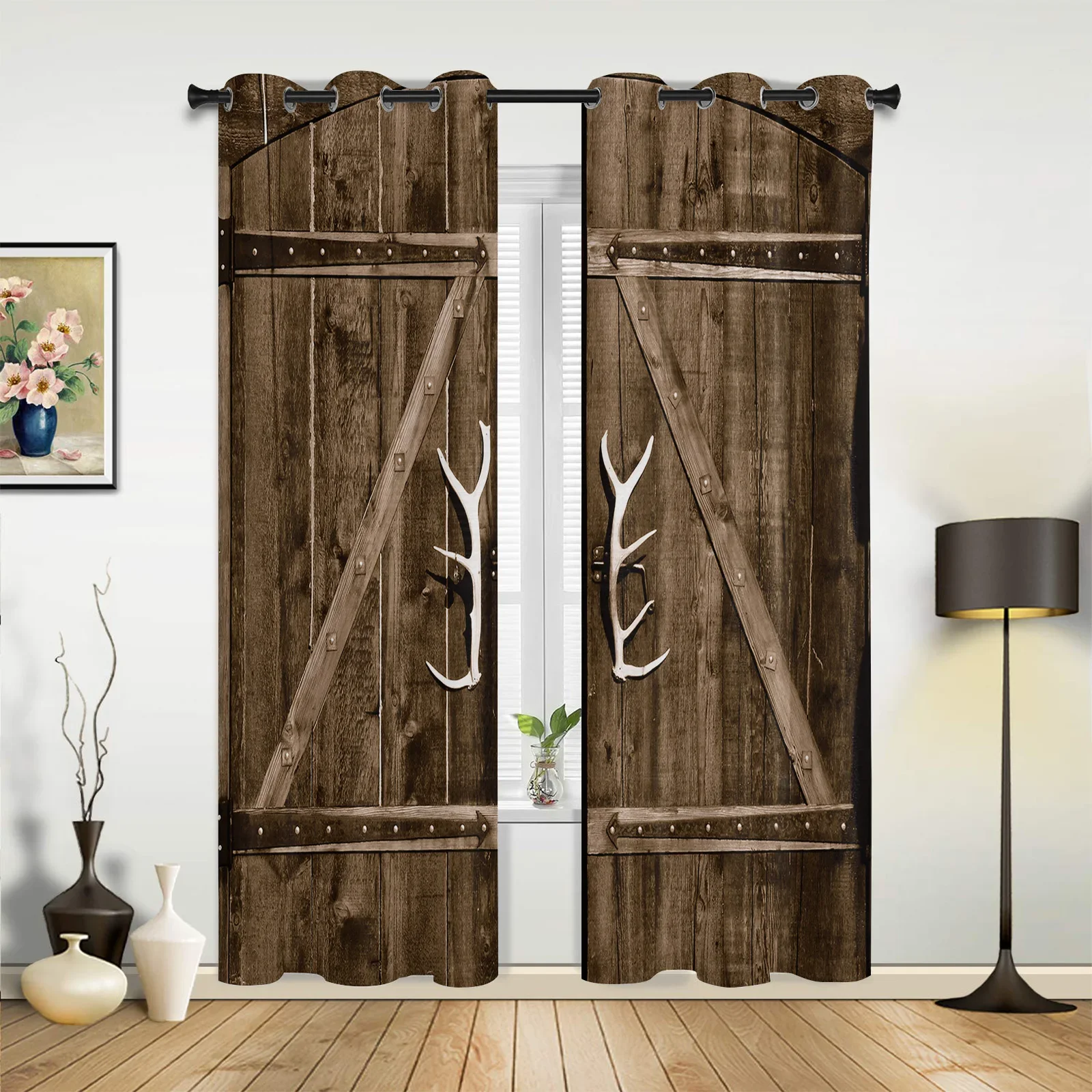2 Panels Wooden Door Handle Curtains for Bedroom Living Room Drapes ...