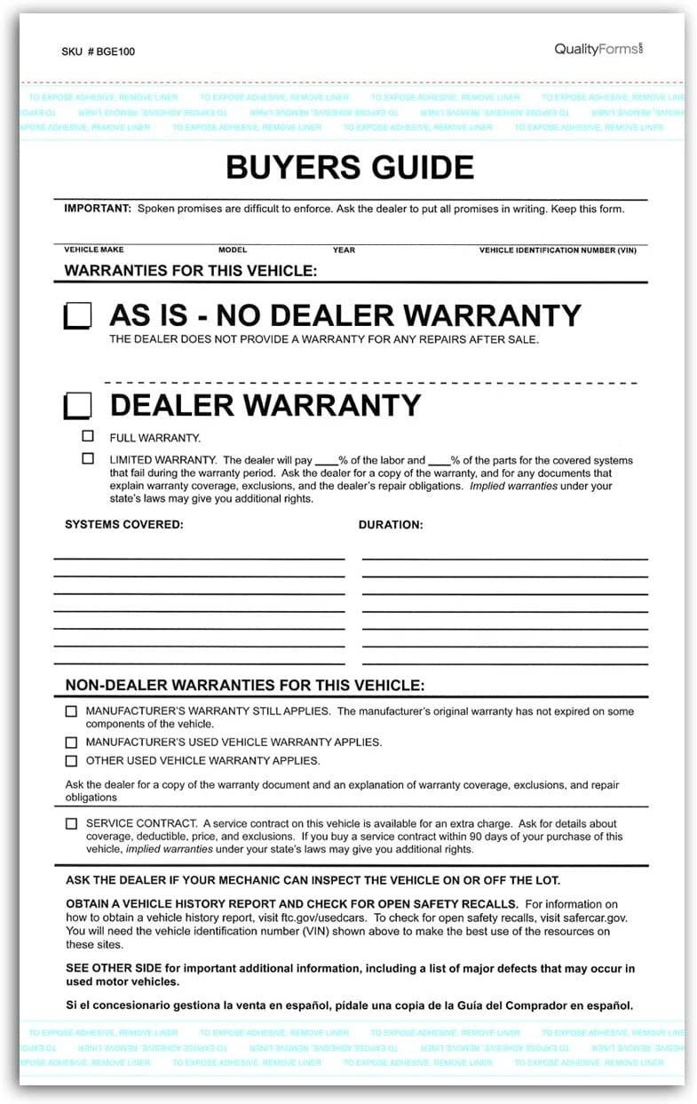 2 Part Dealer Buyers Guide Form, English Format - As is - No Dealer ...