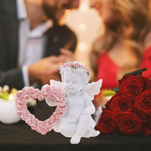 2 Pc Cherub Resin Statues - Cute Rose Wreath Sculptures, Valentines Day ...