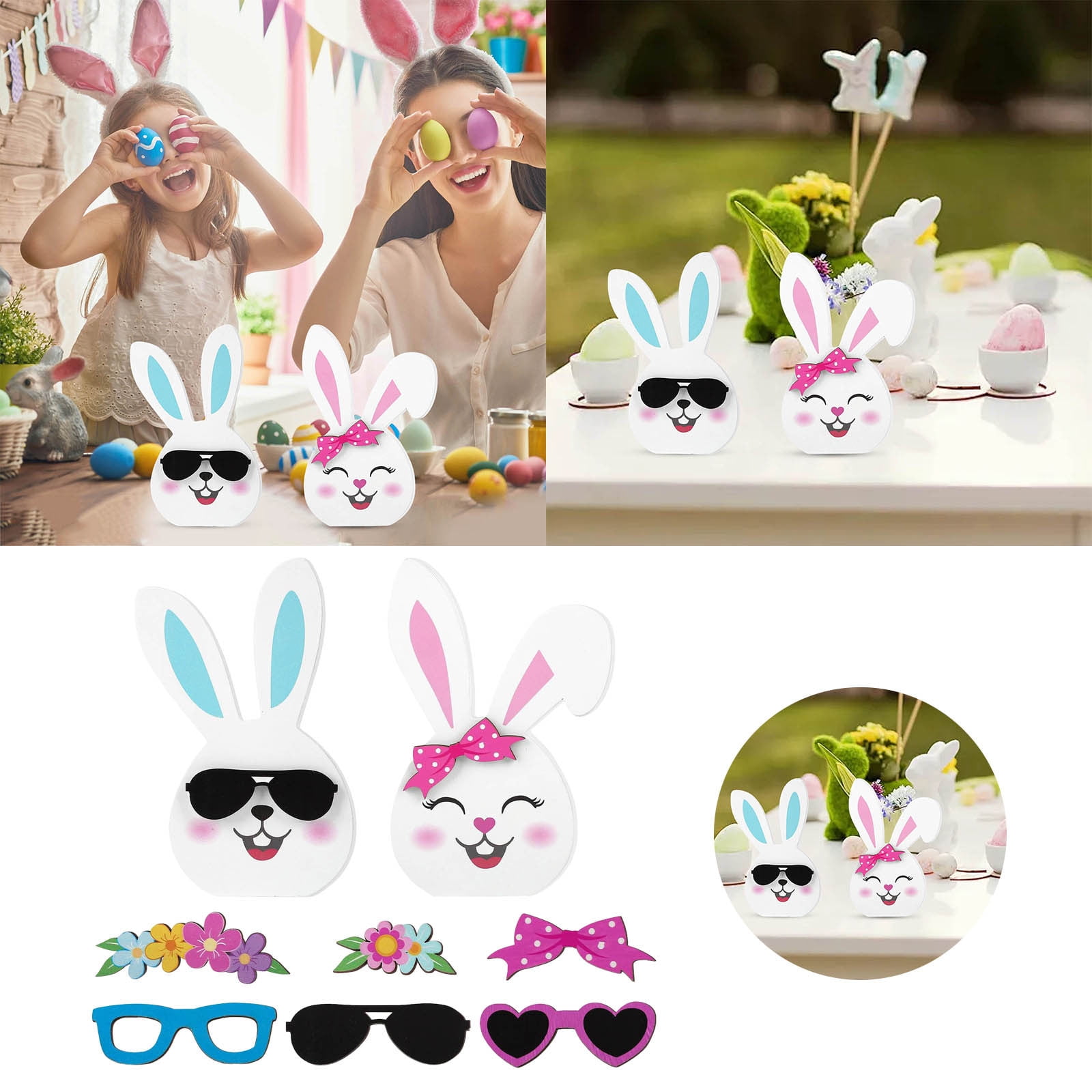 2 Pc Easter Bunny Wood Table Decor, Easter Interchangeable Wooden Rabbit DIY Tiered Tray ...