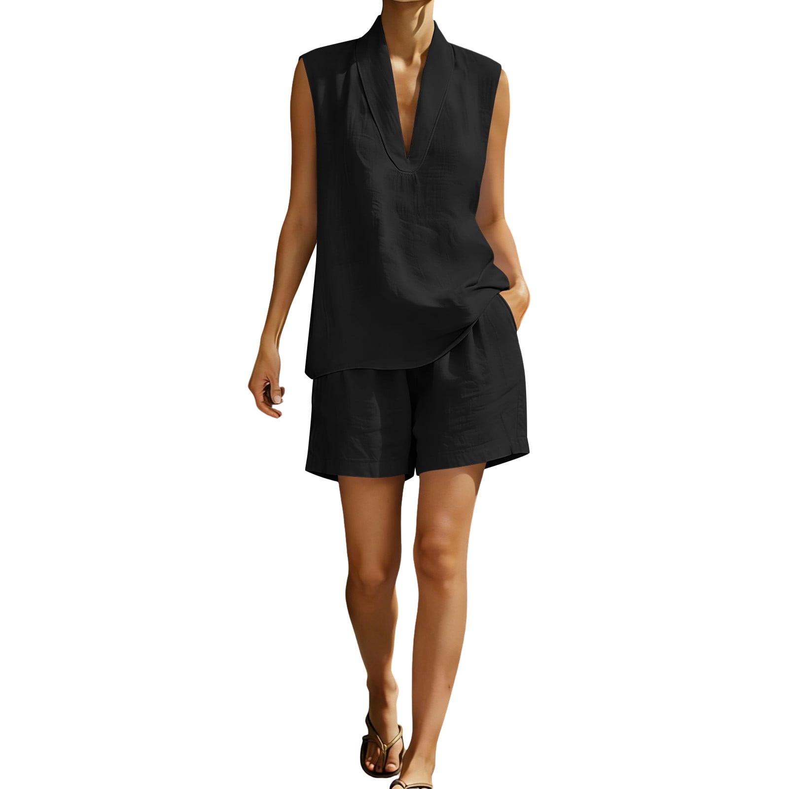 2 Pc Outfit Sets for Women Shawl Collar Deep V Sleeveless Linen Top ...