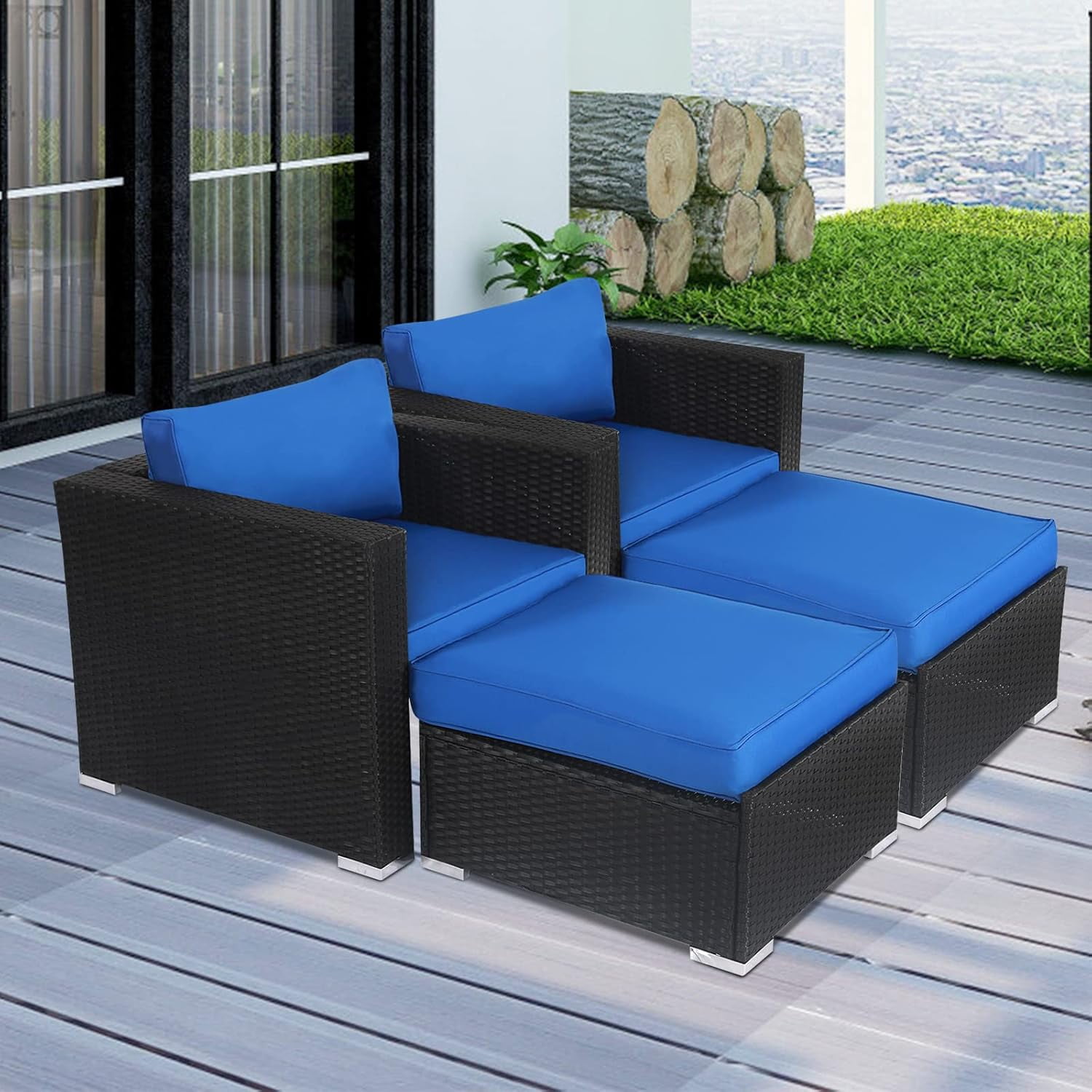 2 Pc Patio Furniture Single Sofas PE Rattan Cushioned Sofa Set Outdoor ...