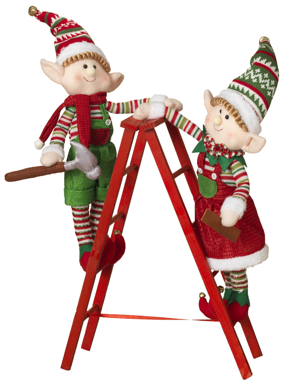 2-Pc Plush Standing Holiday Elf Elves Climbing on Ladder Figurines Set ...