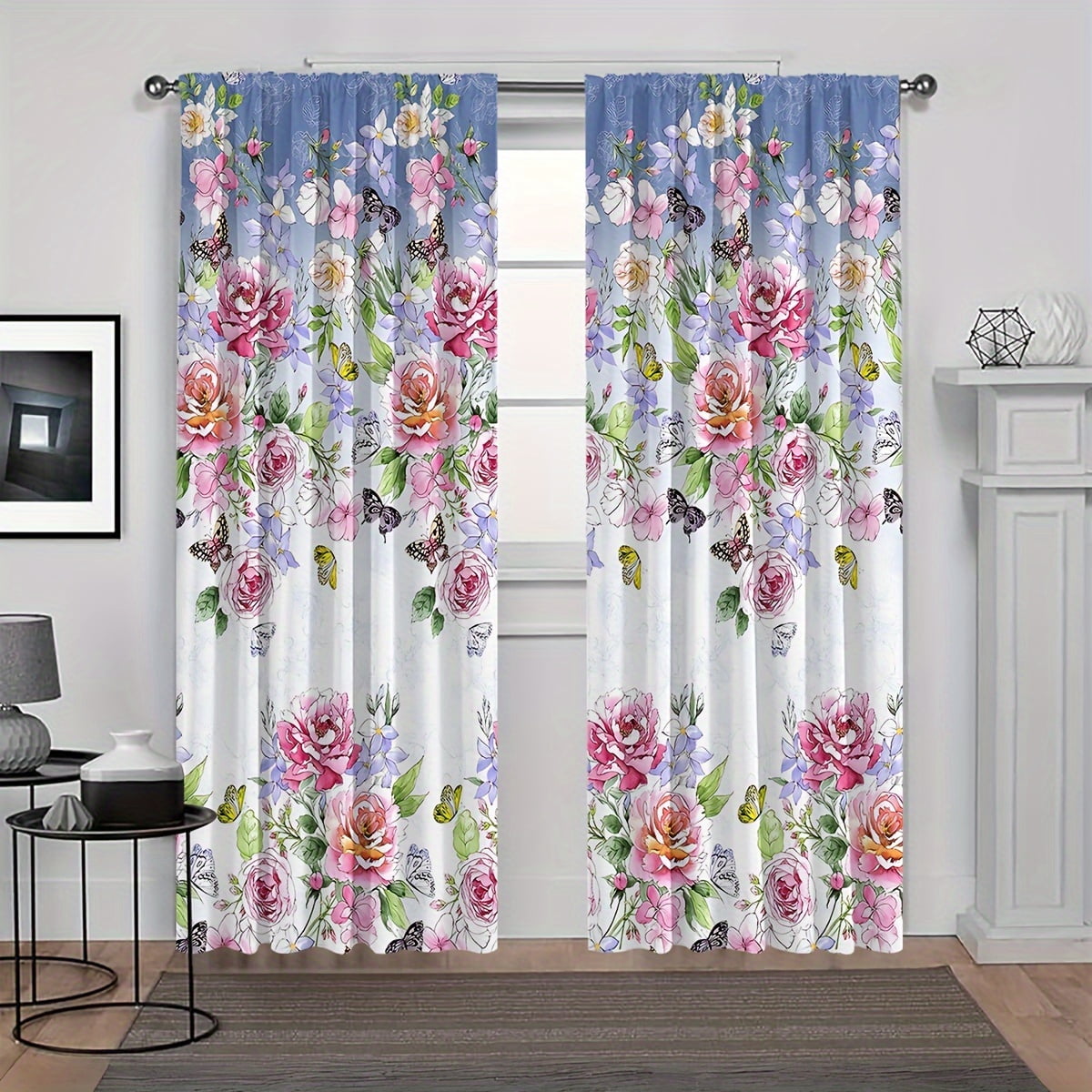 2-Pc Polyester Peach Blossom and Red Rose Curtains H-D Digital Print ...